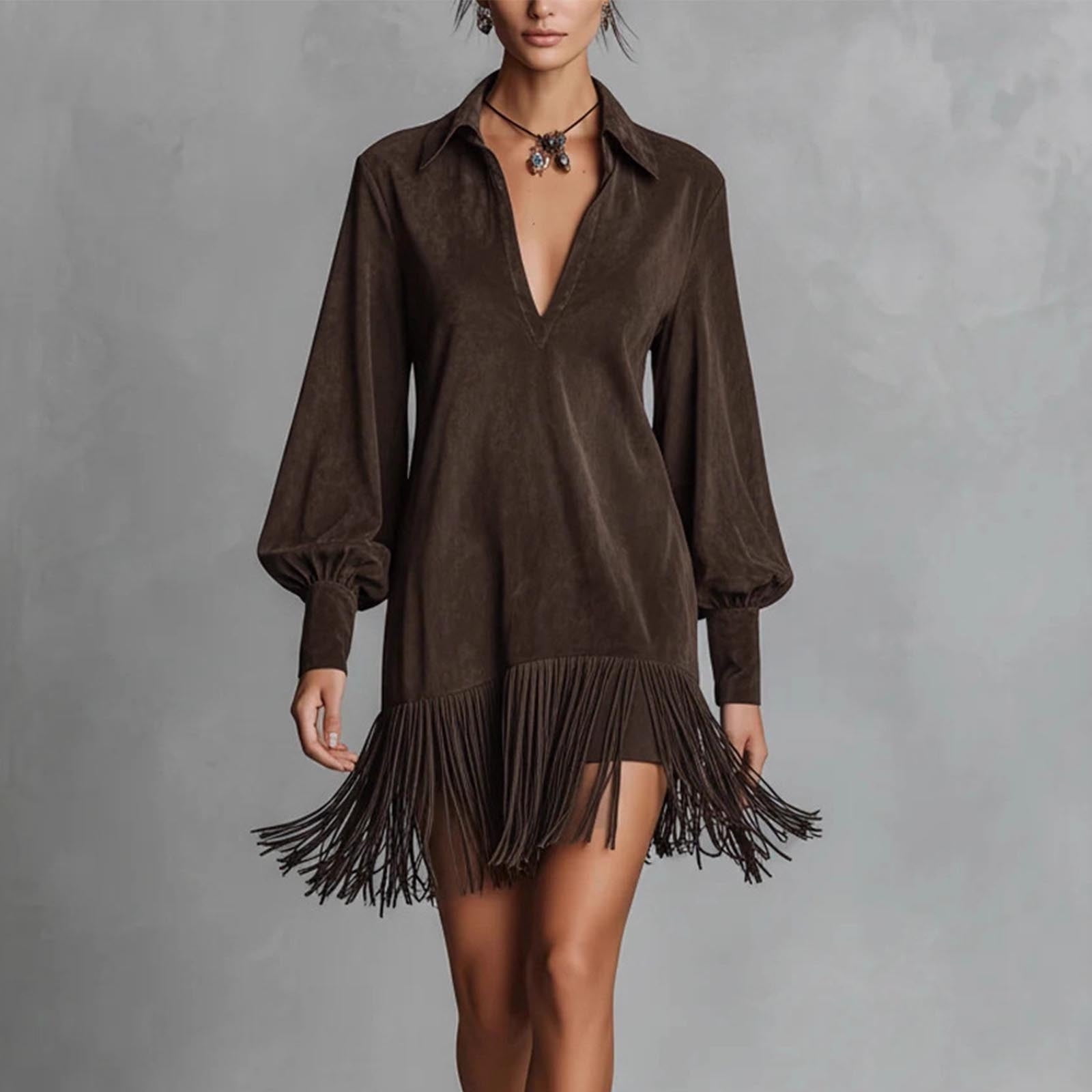 BLTIBY Womens Suede Mini Dress Spring Long Puff Sleeve Deep V Neck ...