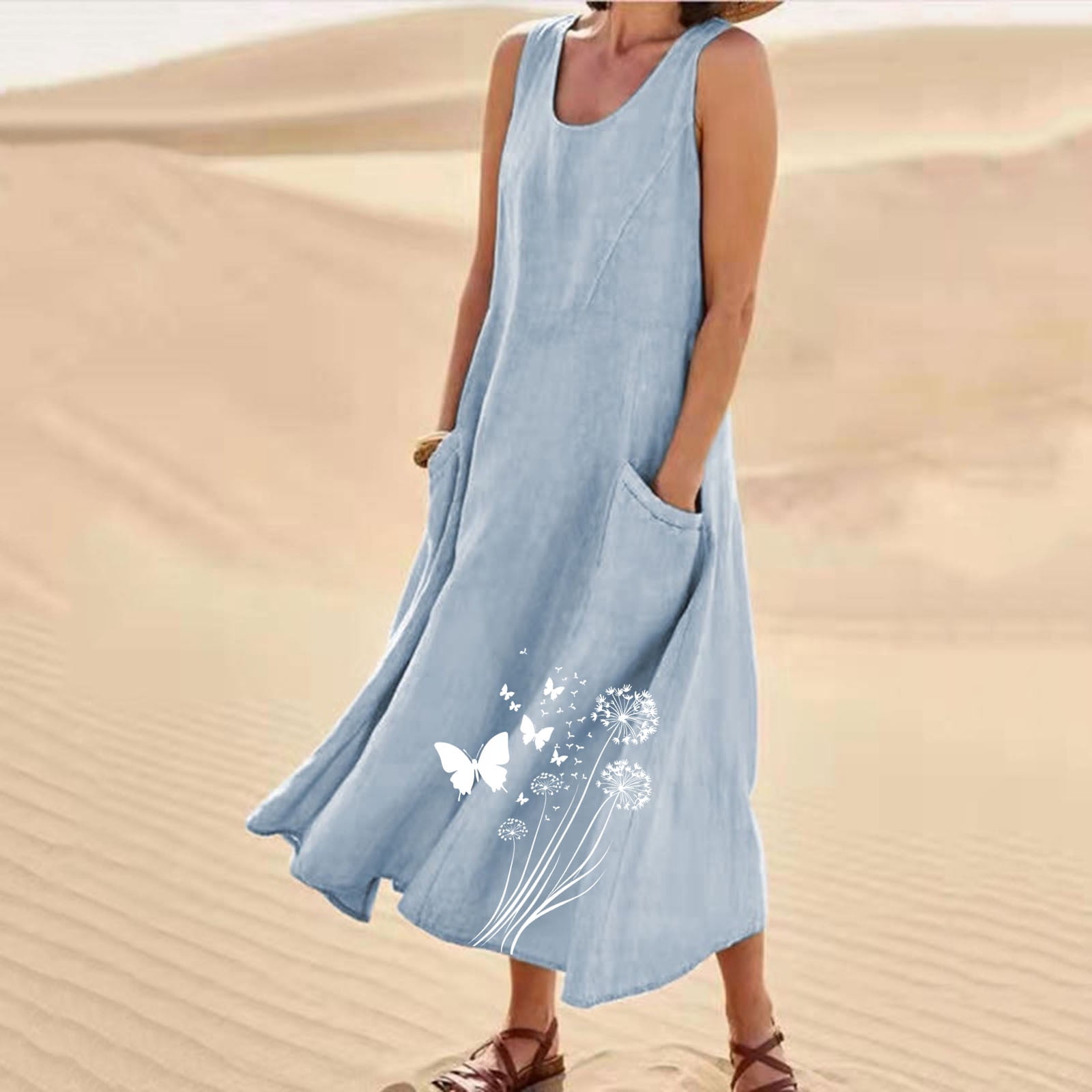 BLTIBY Womens Summer Cotton Linen Dresses Sleeveless Printed Crew Neck ...