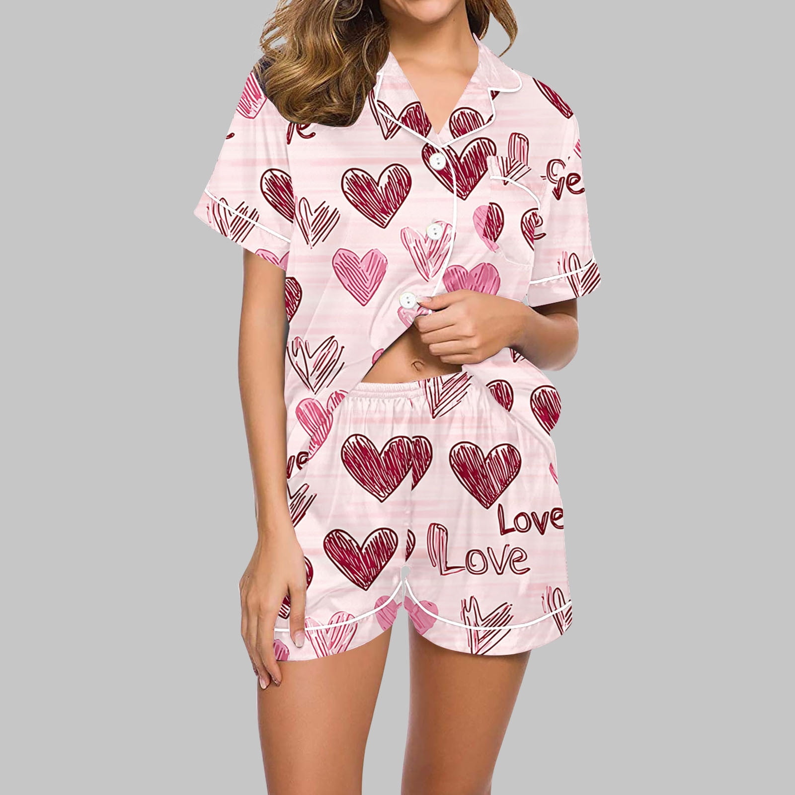BLTIBY Womens Valentine's Day Pajama Sets Heart Printed Lounge Set Short Sleeve Top Shorts ...