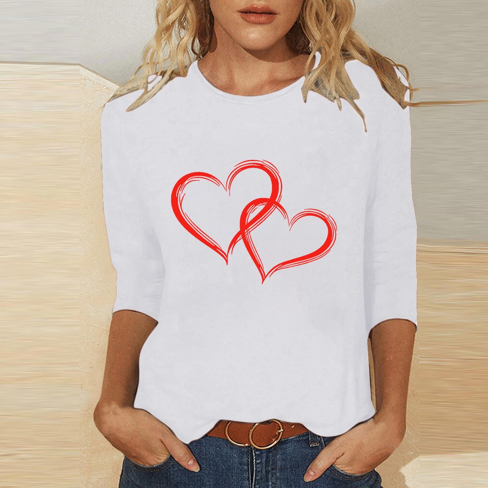 BLTIBY Womens Valentines Day Shirts Love Heart Print 3/4 Sleeve Round ...