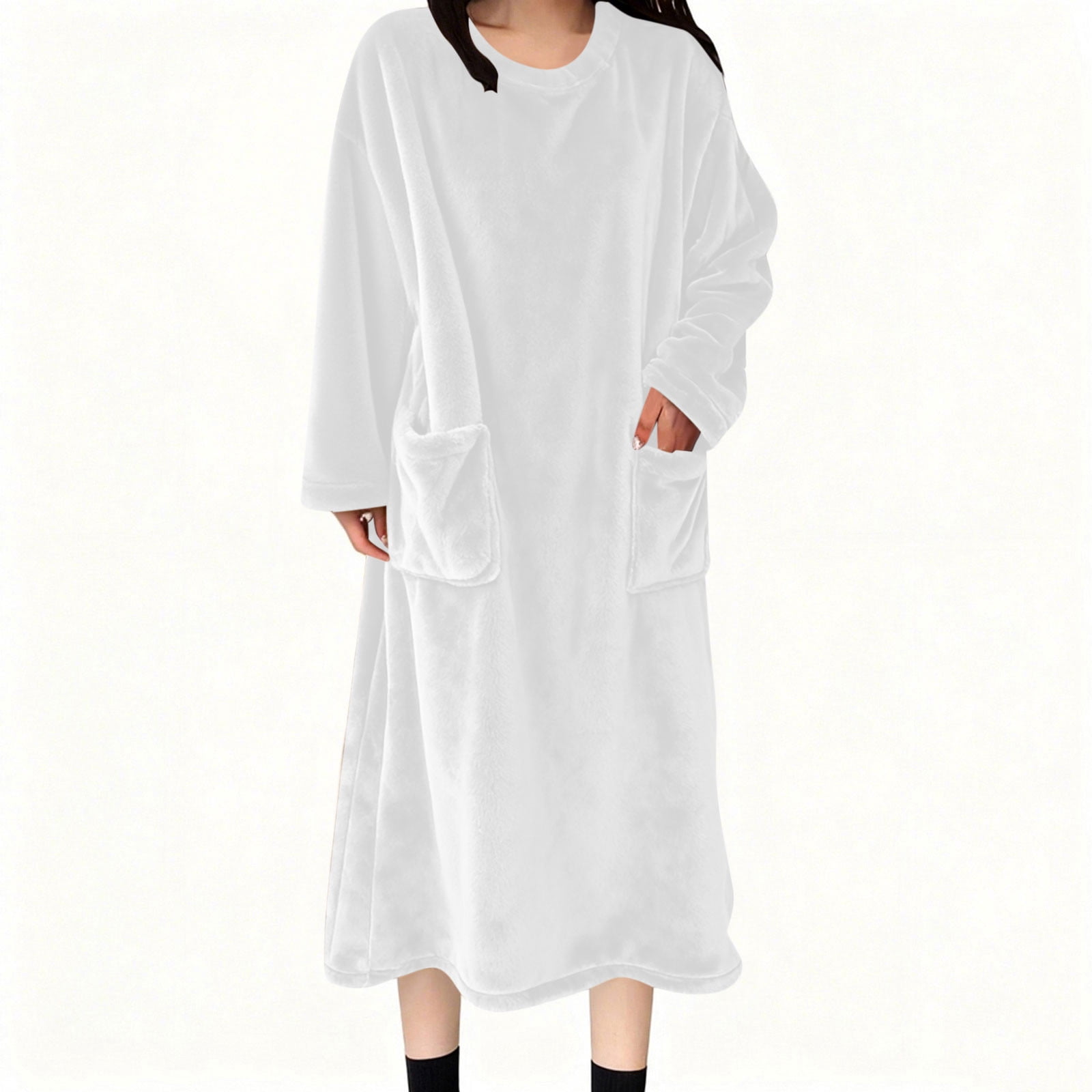 BLTIBY Womens Winter Fuzzy Robes Round Neck Nightgown Pullover ...