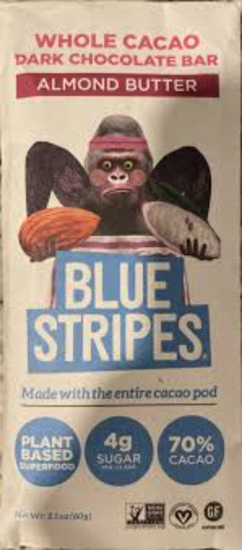 Blue Stripes - Almond Butter Whole Cacao Dark Chocolate Bar, 2.1 Oz ...