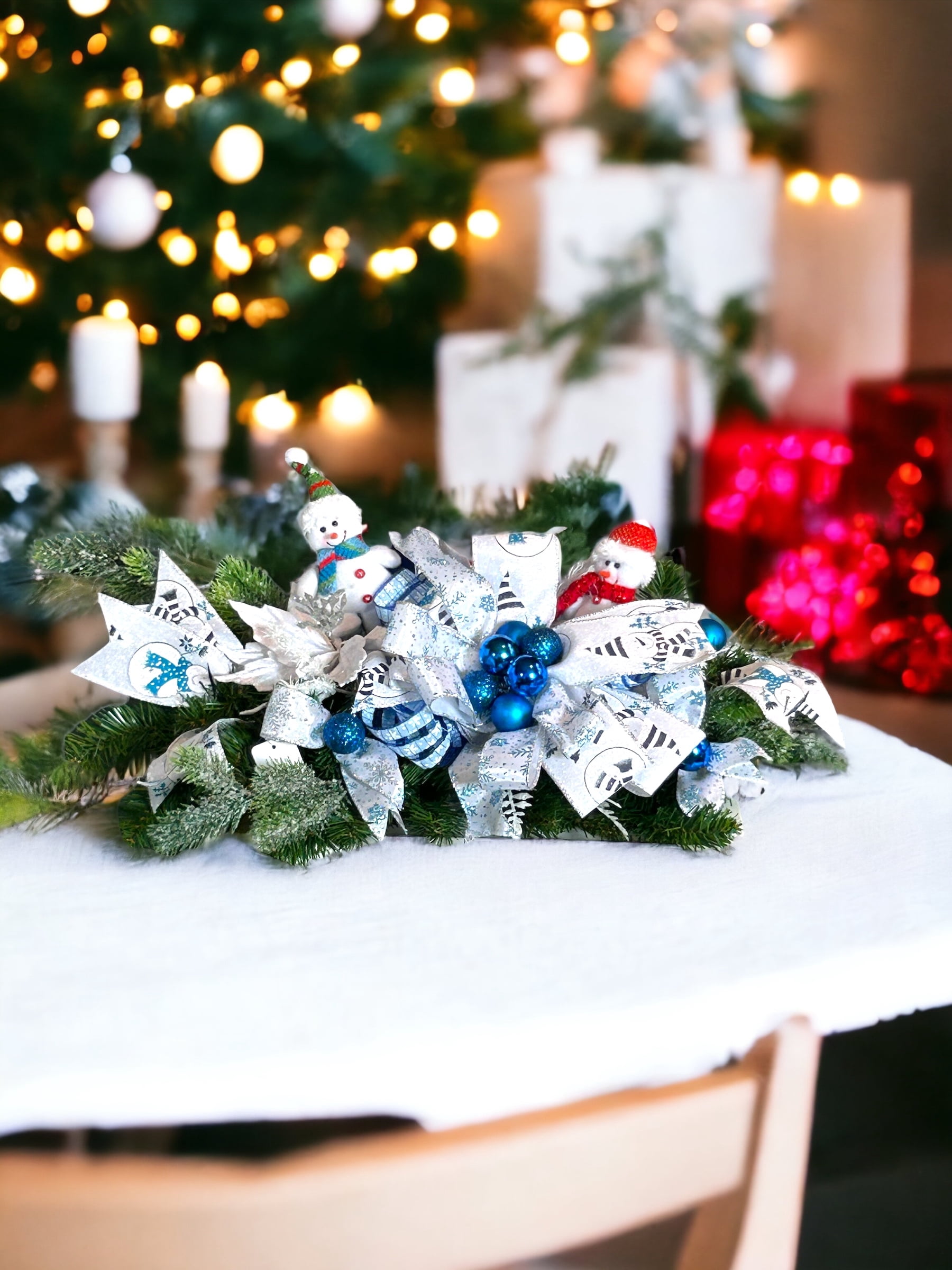 BLUE AND WHITE SNOWMAN CENTERPIECE, CHRISTMAS CENTERPIECE, CHRISTMAS ...