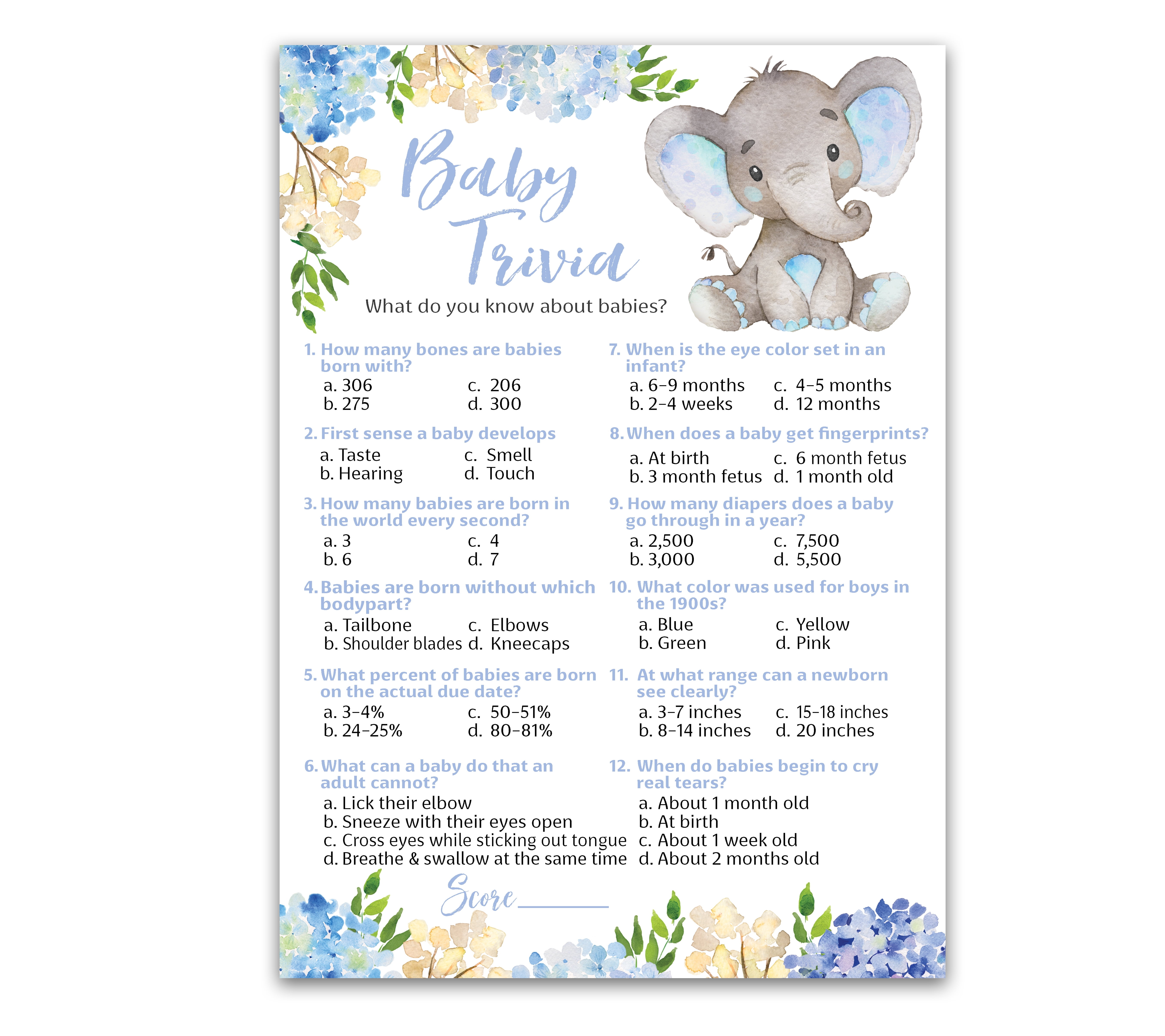 BLUE ELEPHANT Baby Shower Game — BABY TRIVIA Game — Pack of 25 — Fun ...