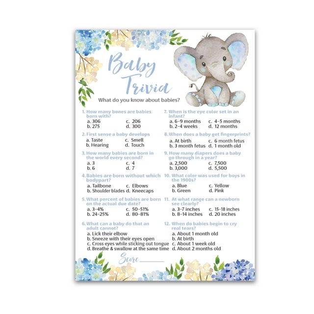 BLUE ELEPHANT Baby Shower Game — BABY TRIVIA Game — Pack of 25 — Fun ...