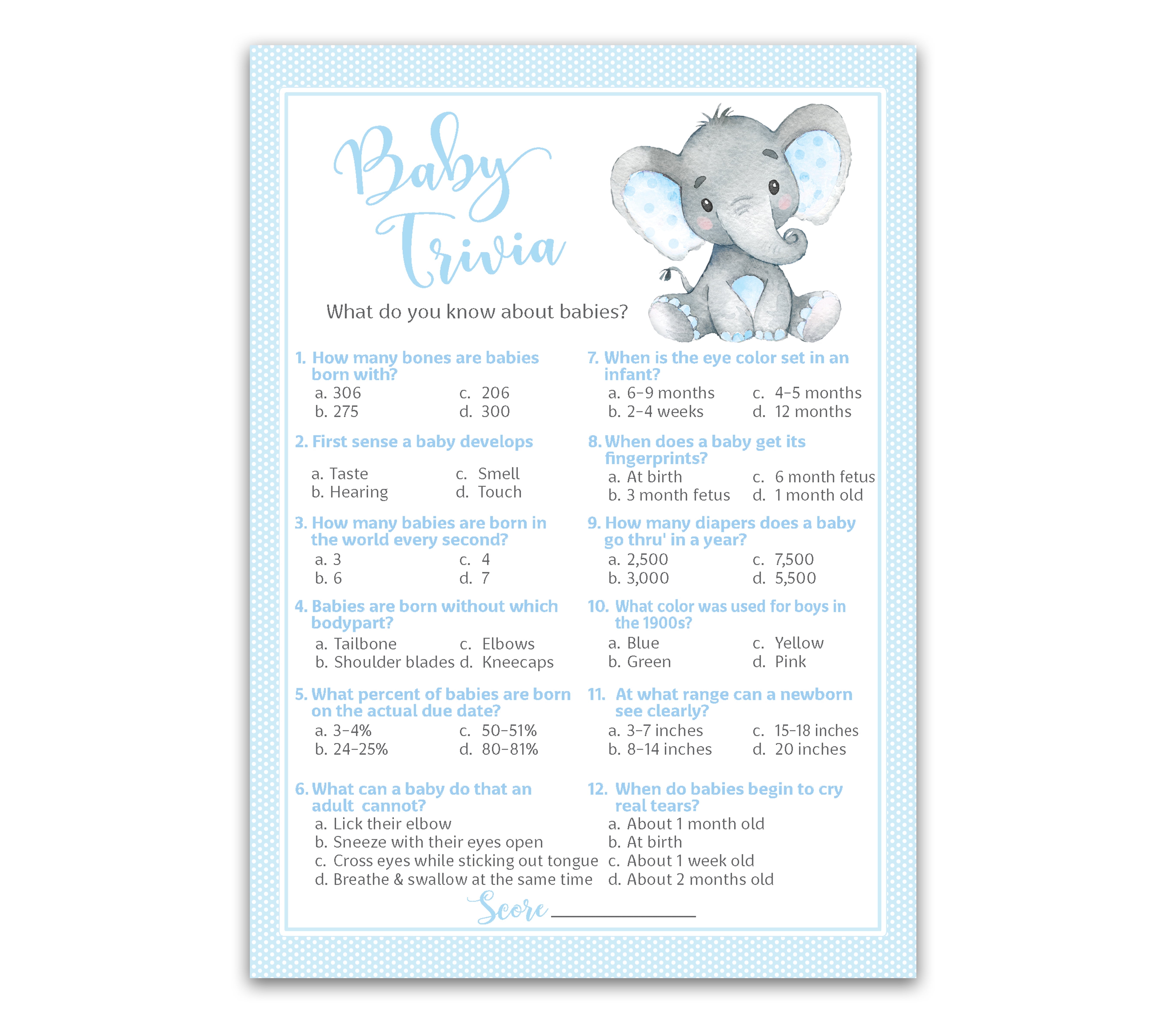 BLUE ELEPHANT Baby Shower Game — BABY TRIVIA Games — Pack of 25 — BOY ...