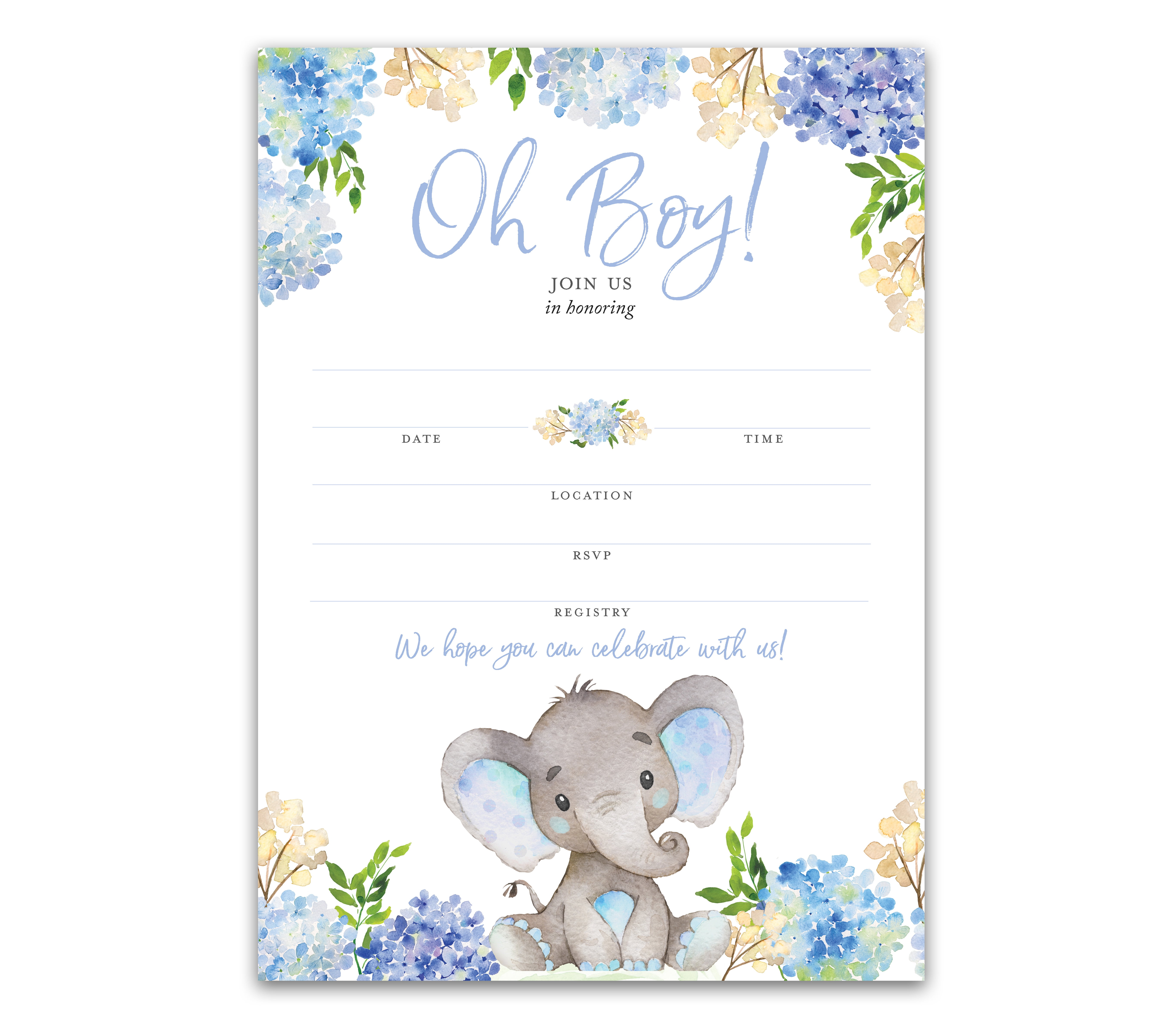 Blue Elephant Baby Shower Invitations, Pack of 25, Baby Boy Fill-in ...