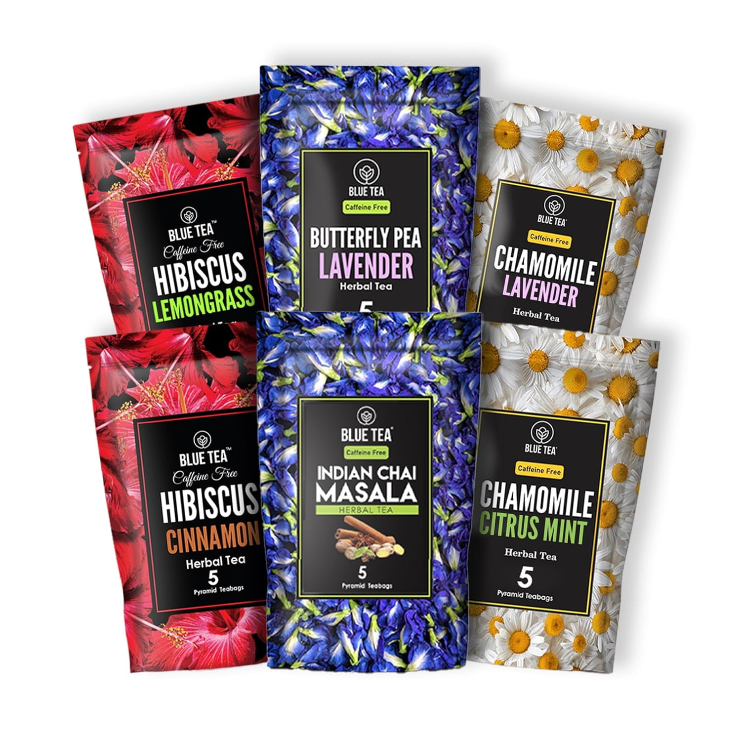 BLUE TEA - Assorted Flower Herbal Sampler Tea Pack (6 Flavors, 30 Tea ...