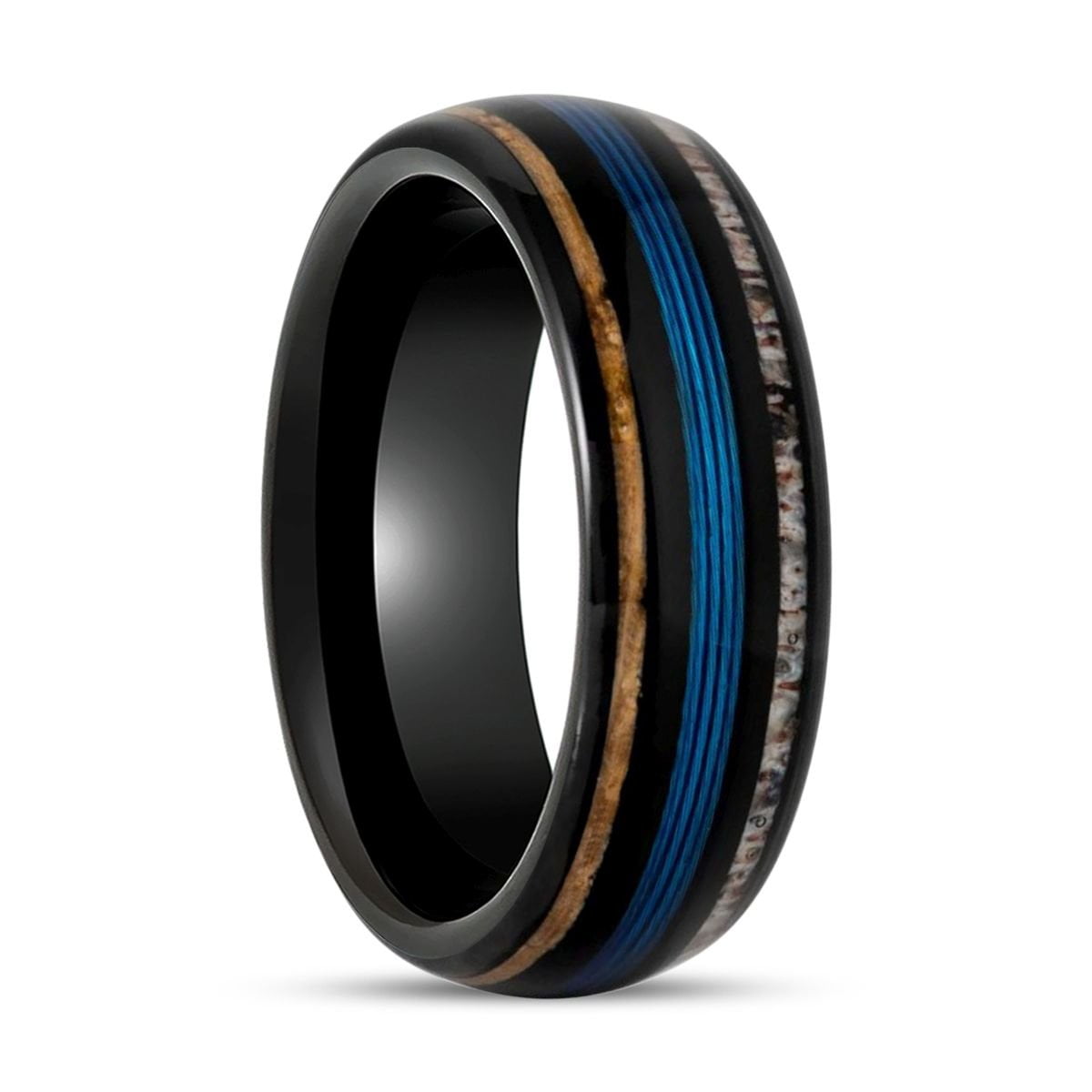 BLUEBARK | Black Tungsten Ring, Koawood, Blue Wire & Deer Antler Inlay ...
