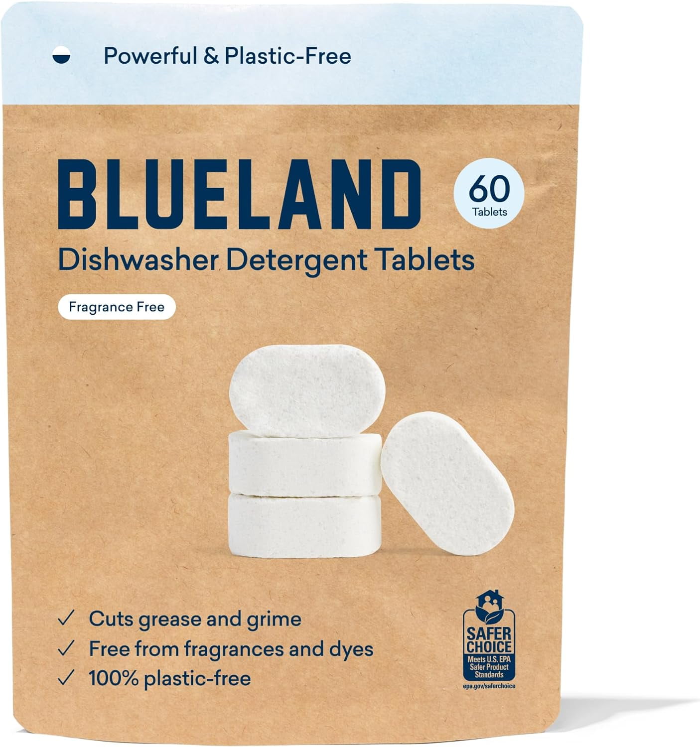 BLUELAND Dishwasher Detergent Tablets, 60 Count, Unscented 100% Plastic ...