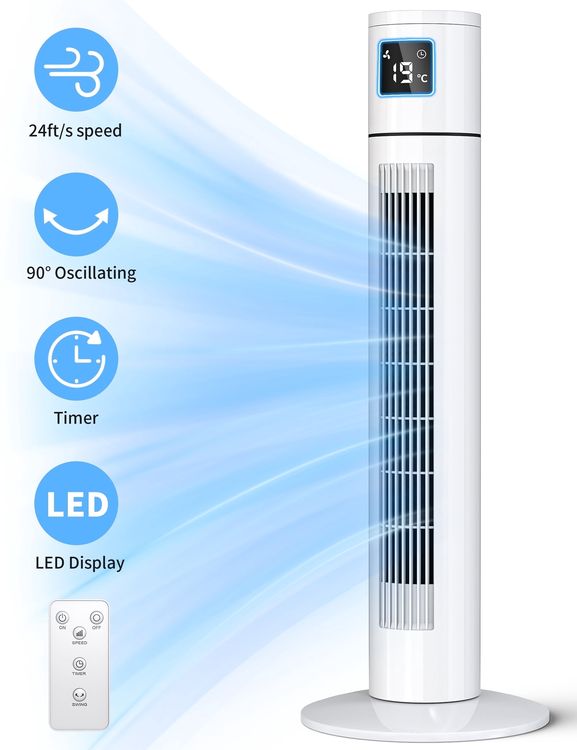BLUELK Tower Fans, 90° Oscillating Air Cooler with 3 Speeds, LED ...