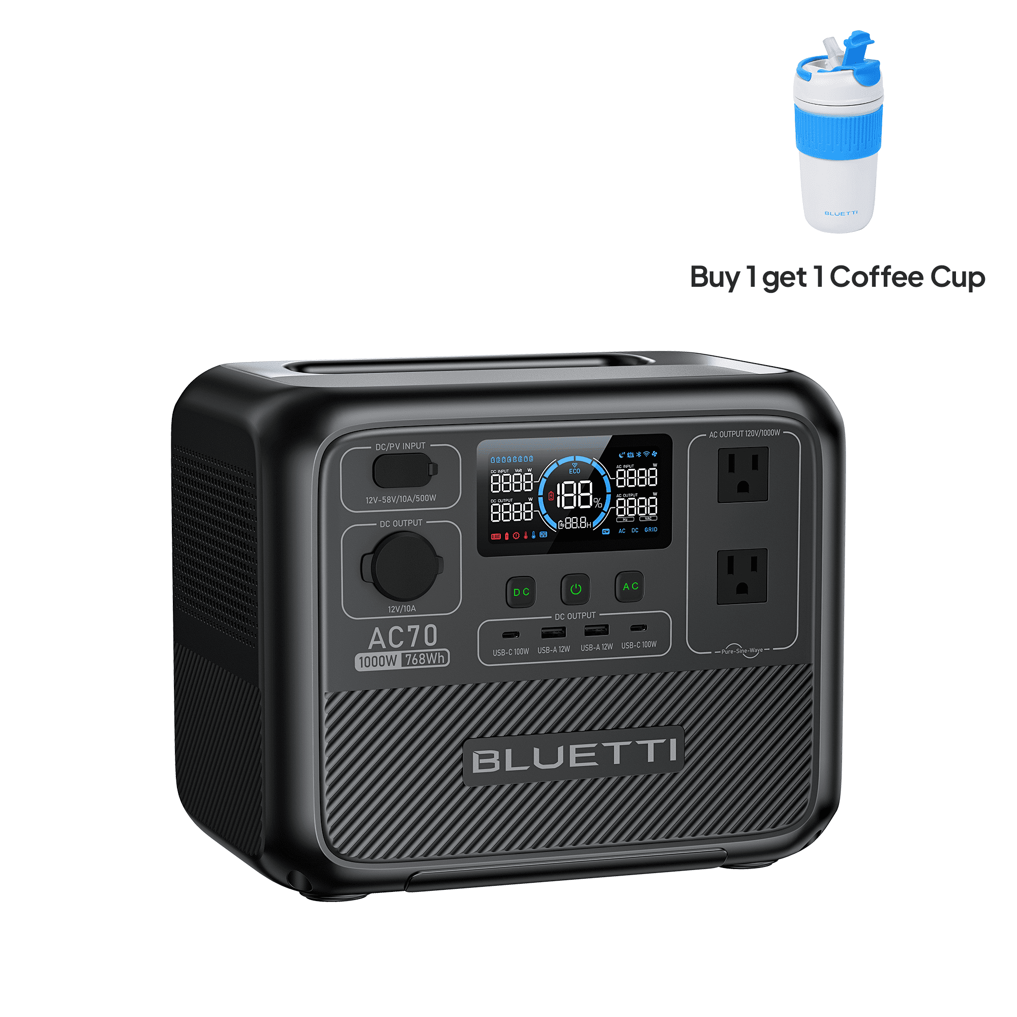 BLUETTI AC70 Portable Solar Generator, 768Wh LiFePO4 Power Station, 80% ...