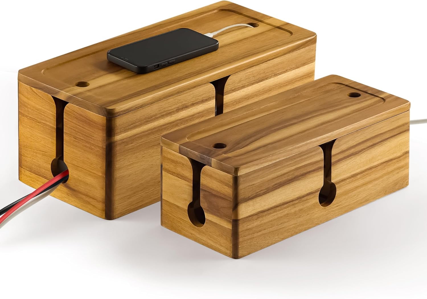 BLUEWEST 2-Pack Cable Management Box, Acacia Large Cable Cord Organizer Boxes for Power Strip ...