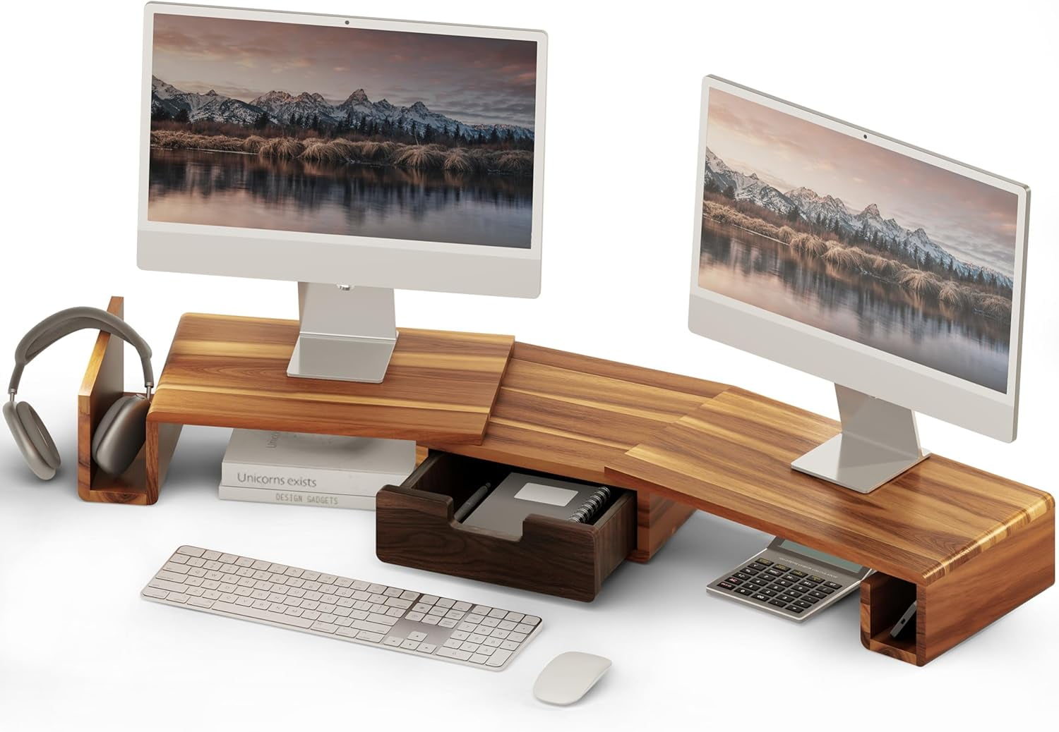BLUEWEST Acacia Wooden Dual Monitor Stand Riser with Drawer, 40.4 ...