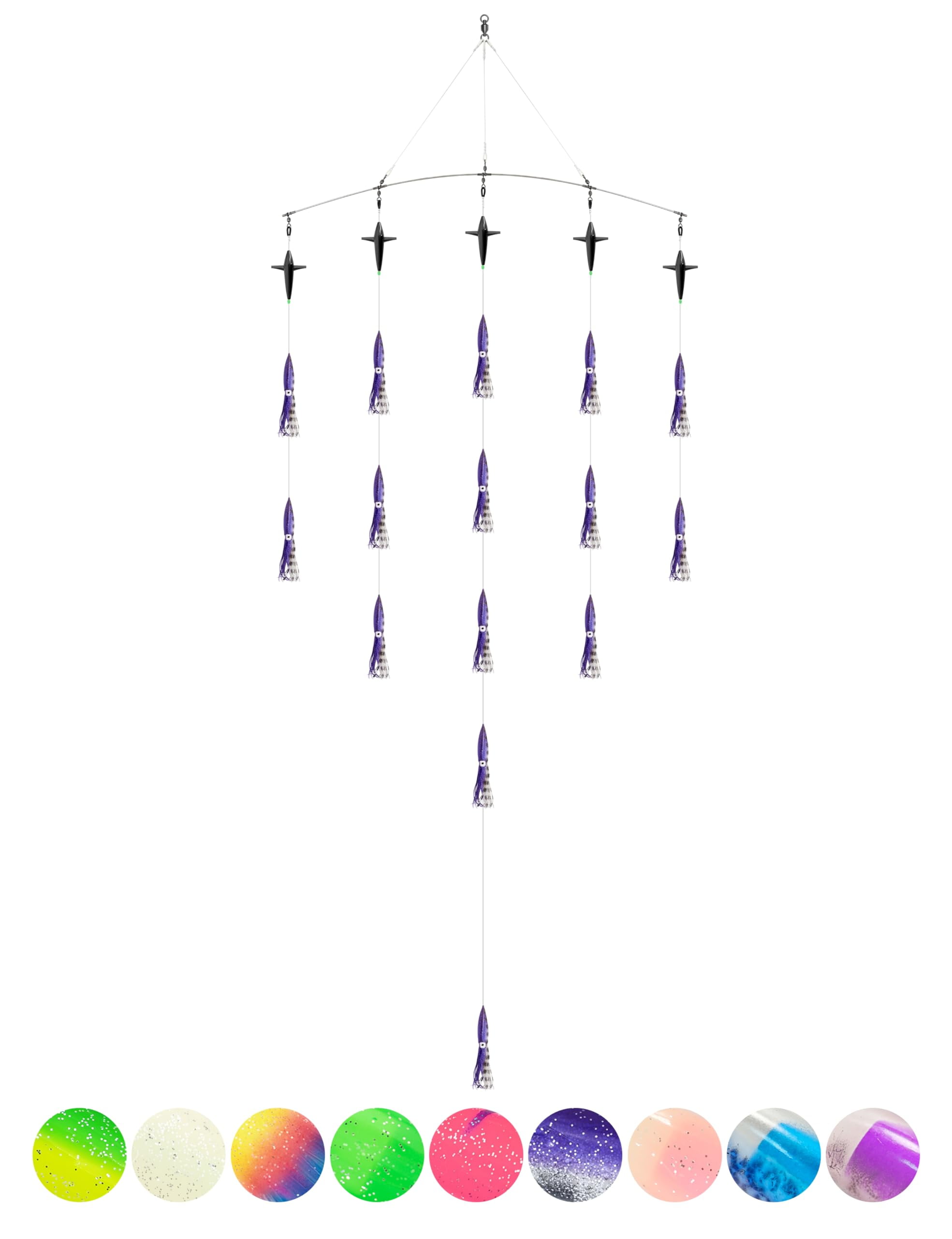 BLUEWING 36" Upgraded Fishing Spreader Bar Wave with 6" Bulb Squids, 5 ...