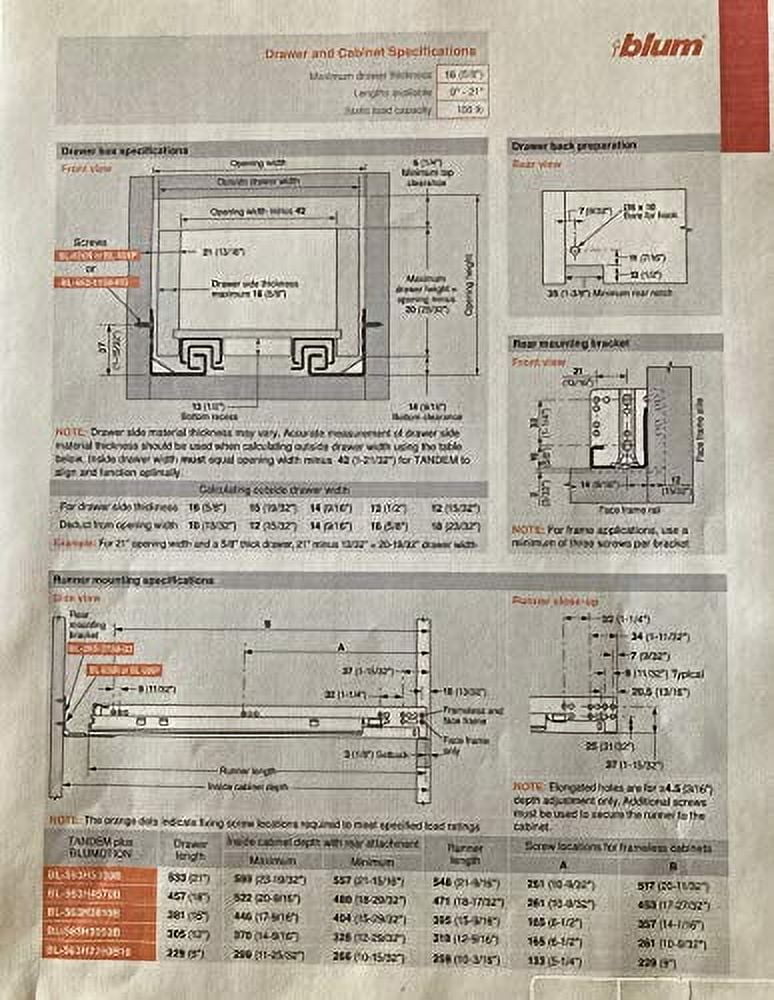 BLUM Tandem Plus BLUMOTION Drawer Slides Complete Pair, with Runners 563H, Locking Devices, Rear ...