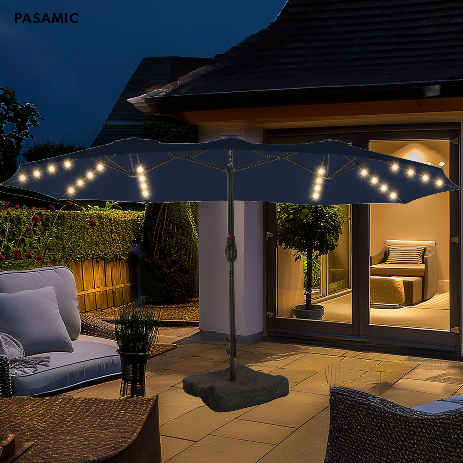 BLUU 15FT Solar LED Patio Umbrella with Base,Outdoor Double-Sided ...