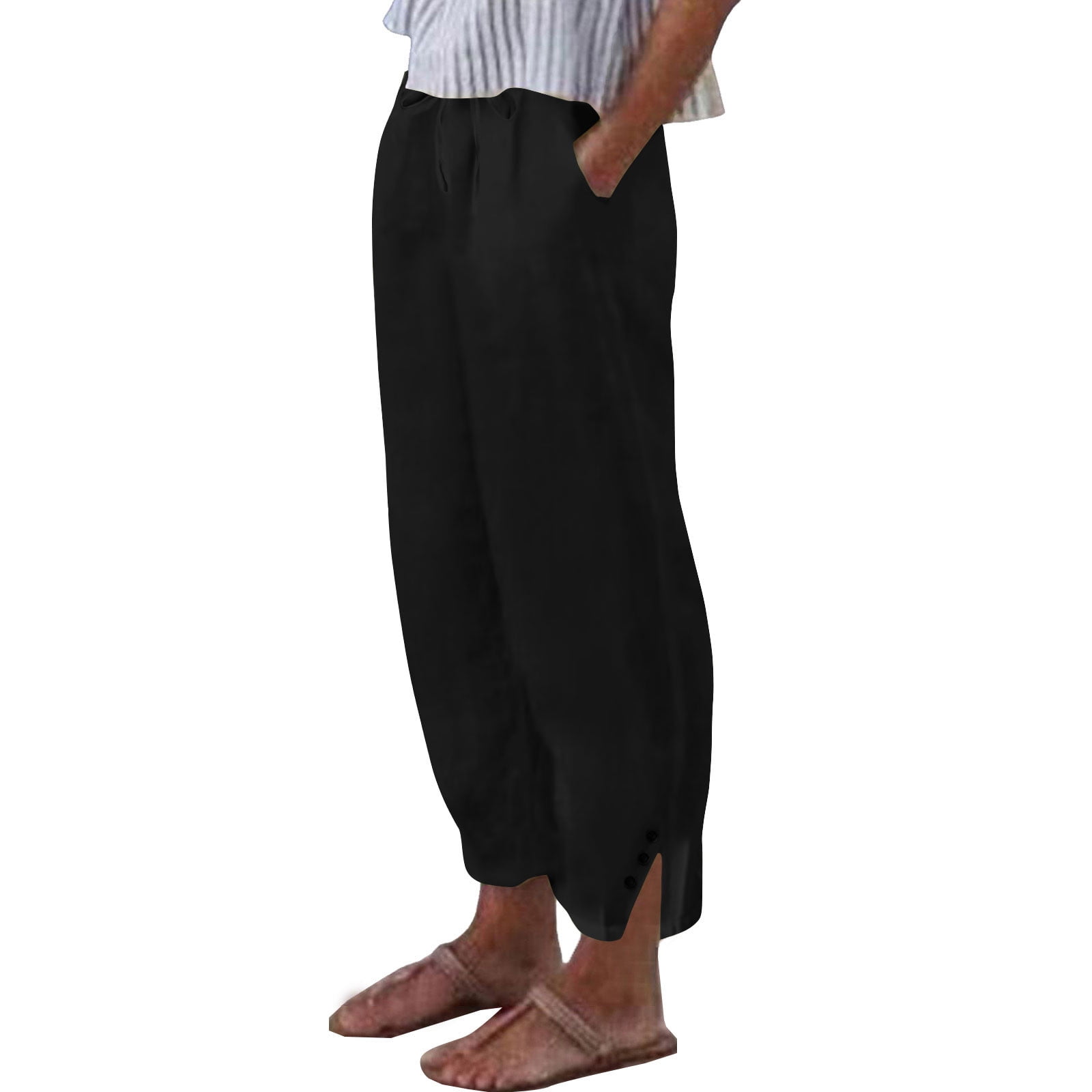 BLVB Cotton Linen Pants Women Side Button Elastic Waist Wide Leg Pants ...