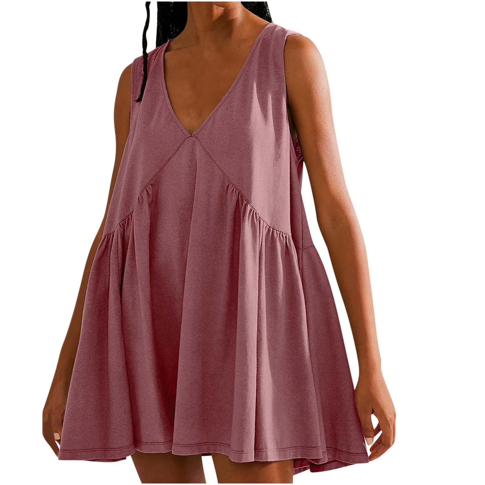 BLVB Beach Sundresses for Women V Neck Pleated Flowy Mini Dress ...