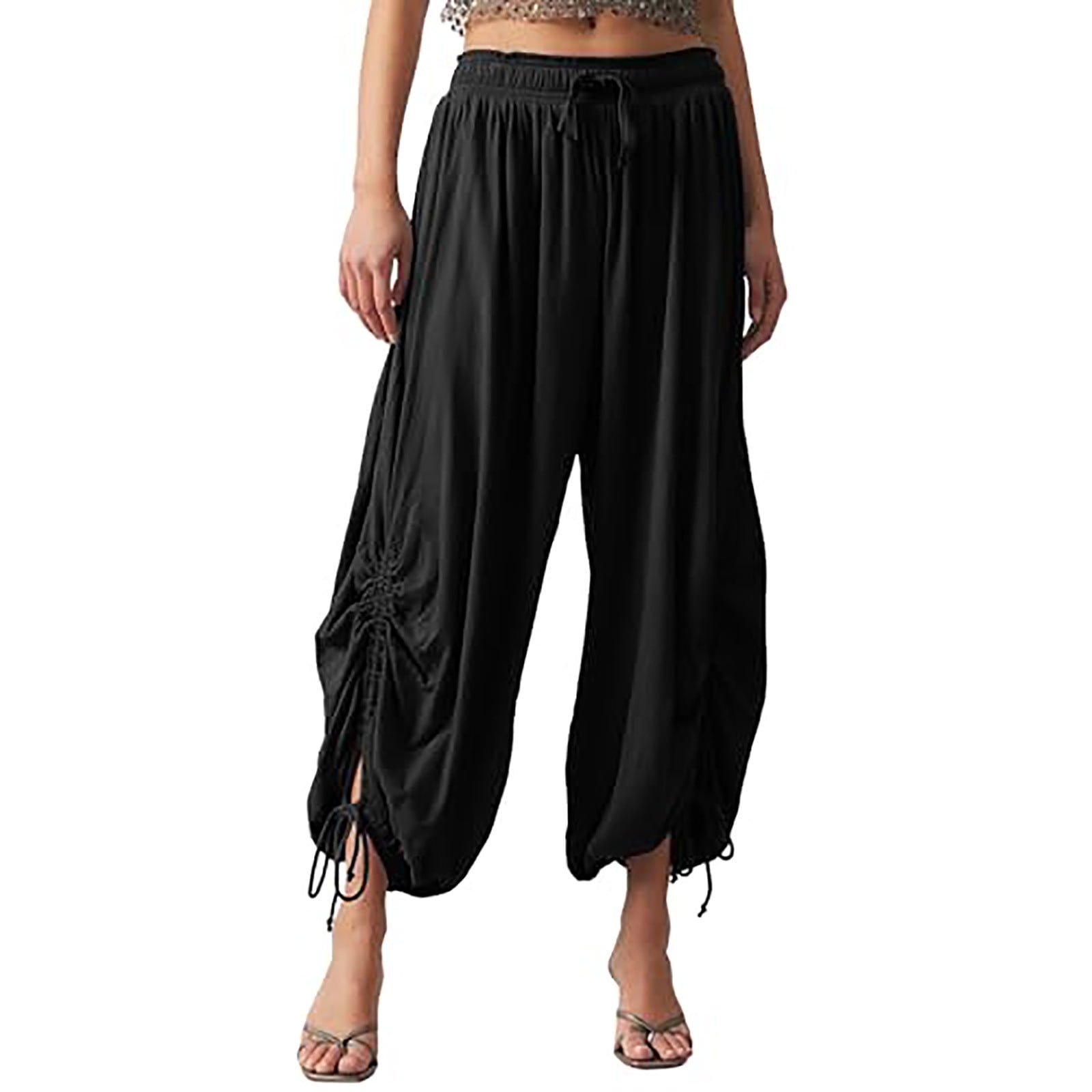 BLVB Boho Capri Pants for Women Drawstring Elastic Waist Womens Yoga ...
