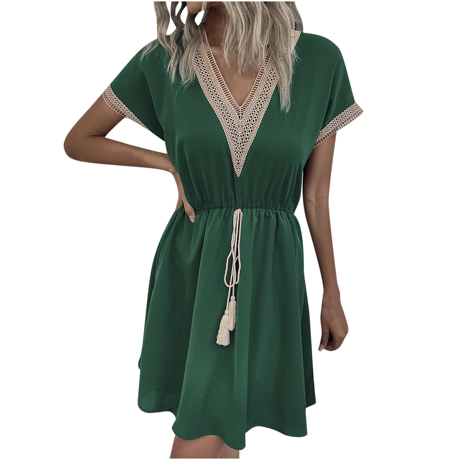 BLVB Boho Dress for Women Short Sleeve V Neck Lace Trim Summer Beach ...