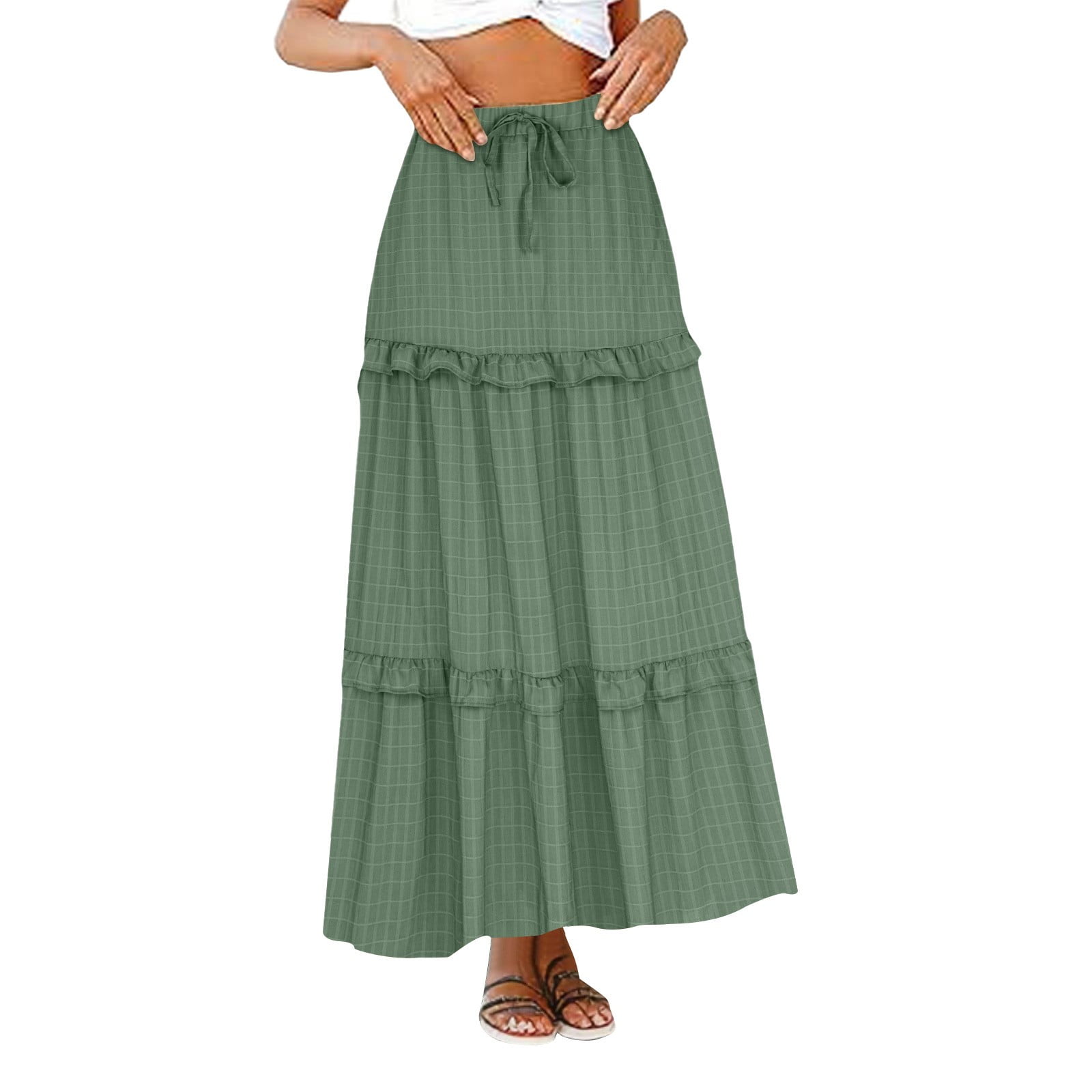 BLVB Boho Skirt for Women Elastic Waist Drawstring Ruffle Tiered A-Line ...