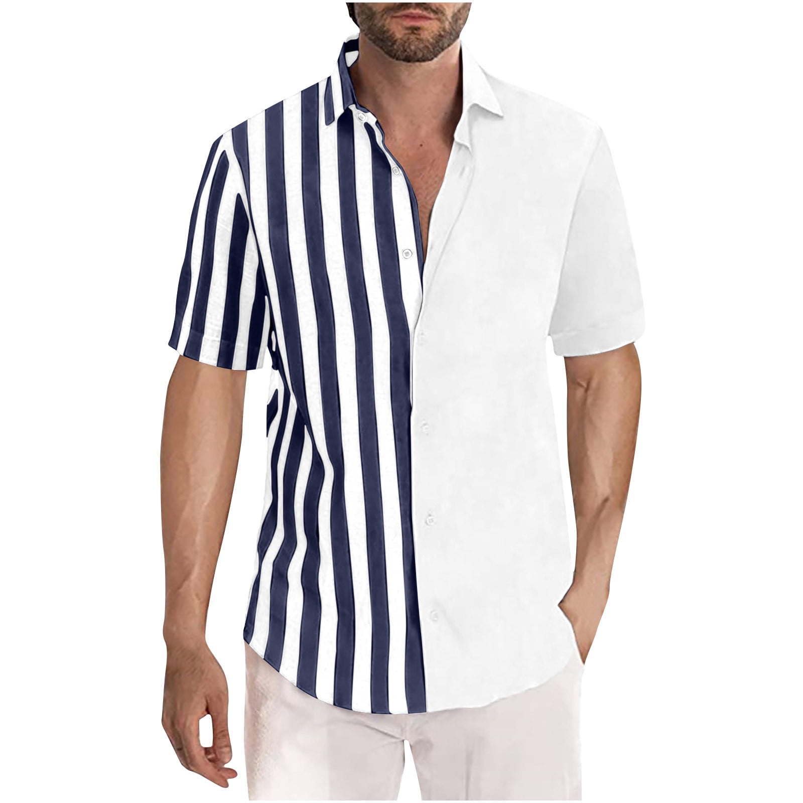 BLVB Button down Shirts for Men Stripe Patchwork Short Sleeve Tops ...