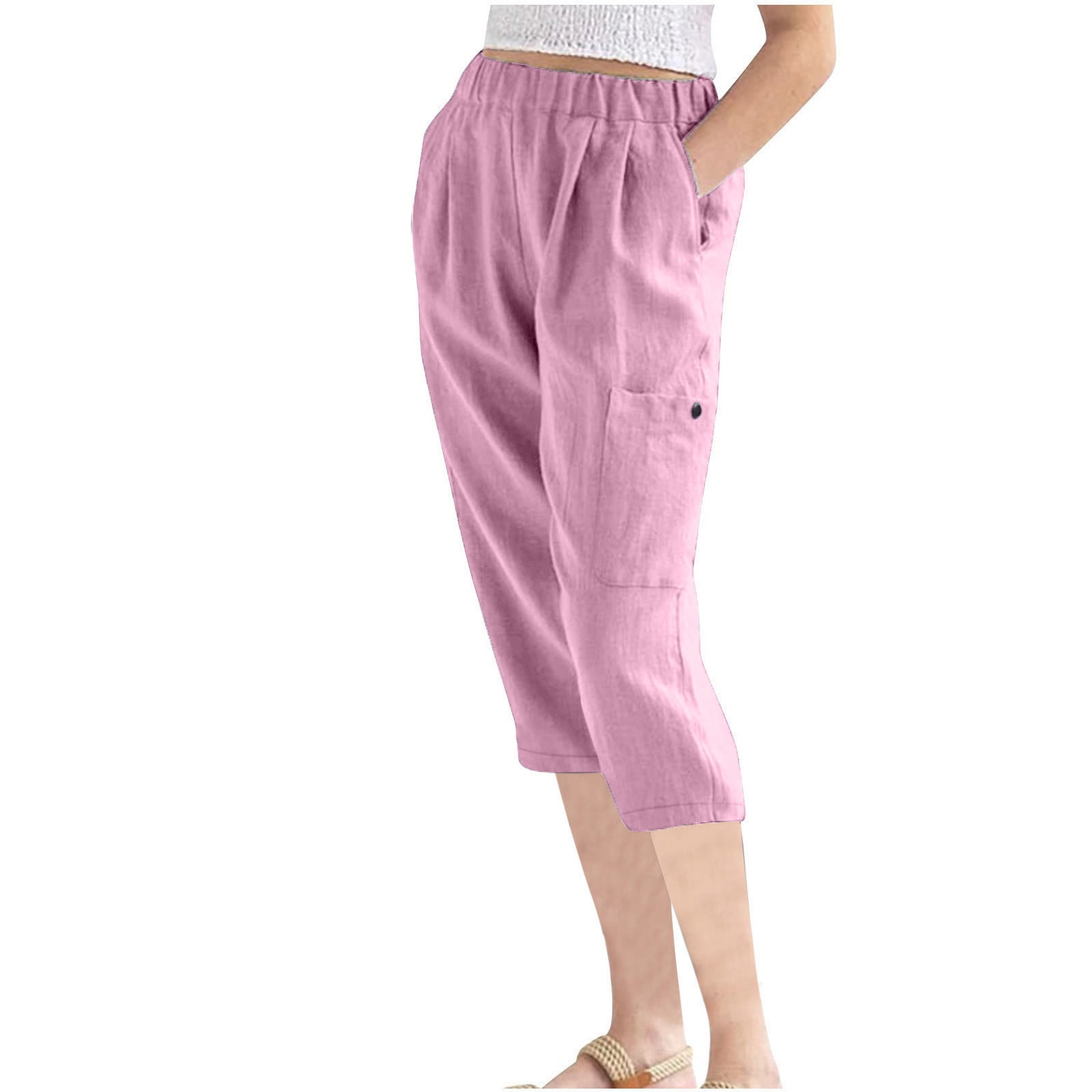 BLVB Capri Pants for Women Casual Summer Elastic Waist Linen Pant Taper ...