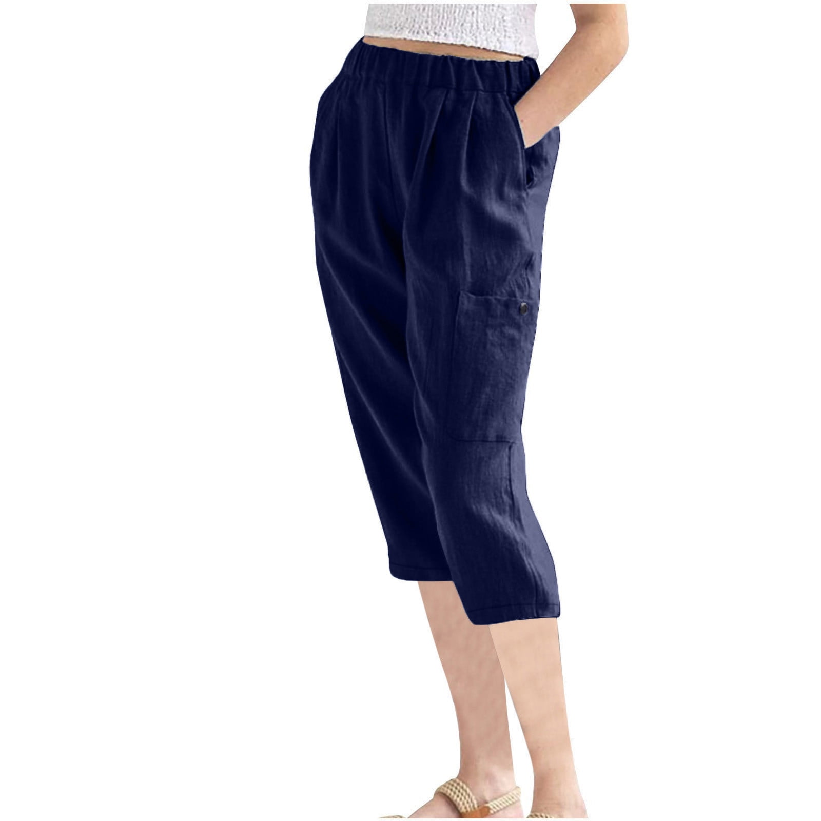 BLVB Capri Pants for Women Casual Summer Elastic Waist Linen Pant Taper ...