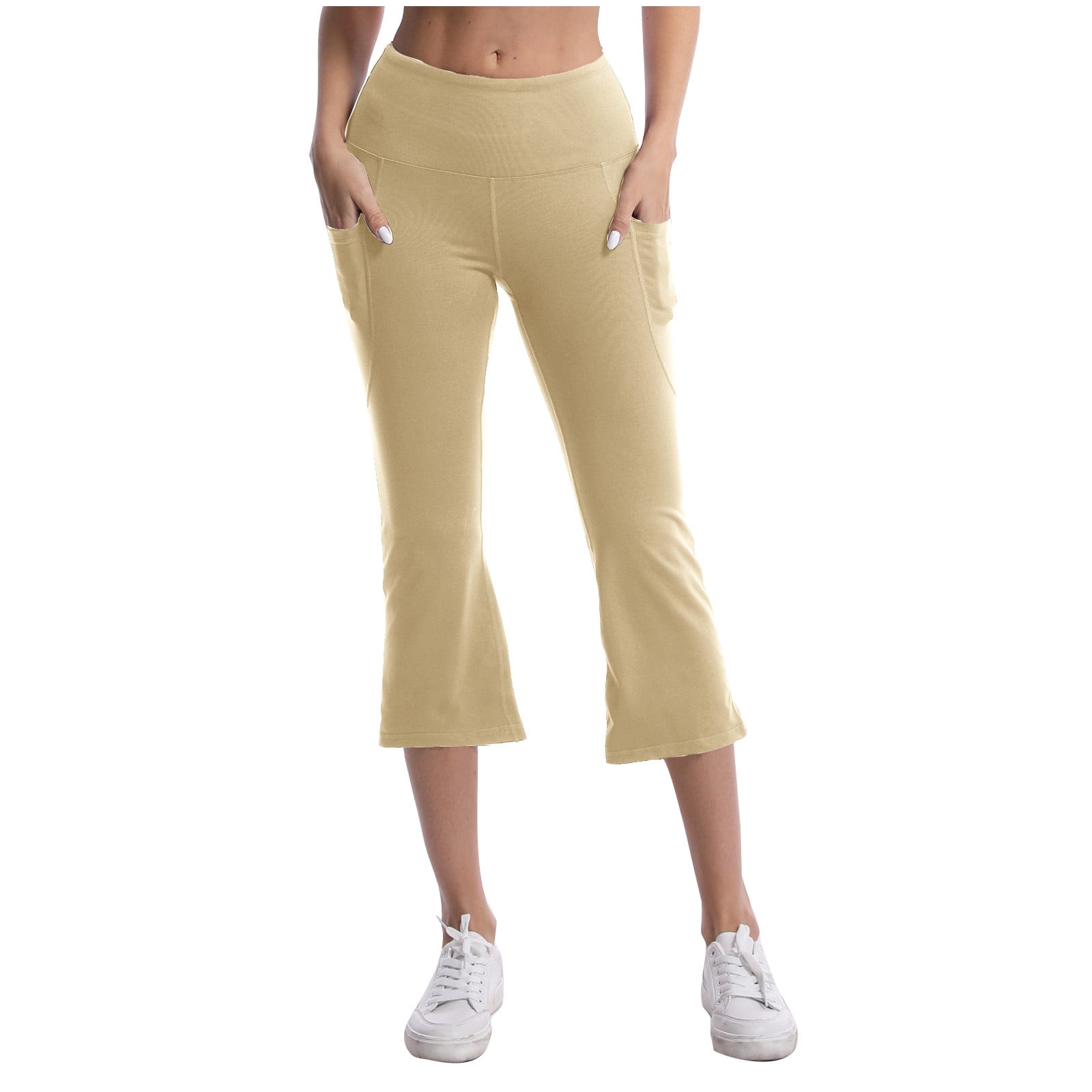 BLVB Capris Pants for Women Yoga Flare Elastic Waist Bootcut Capris Stretch Casual Workout ...