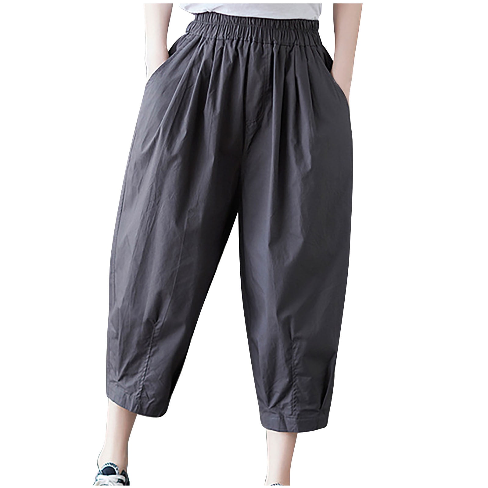 Blvb Cotton Linen Pants For Women Elastic High Waist Wide Leg Cropped
