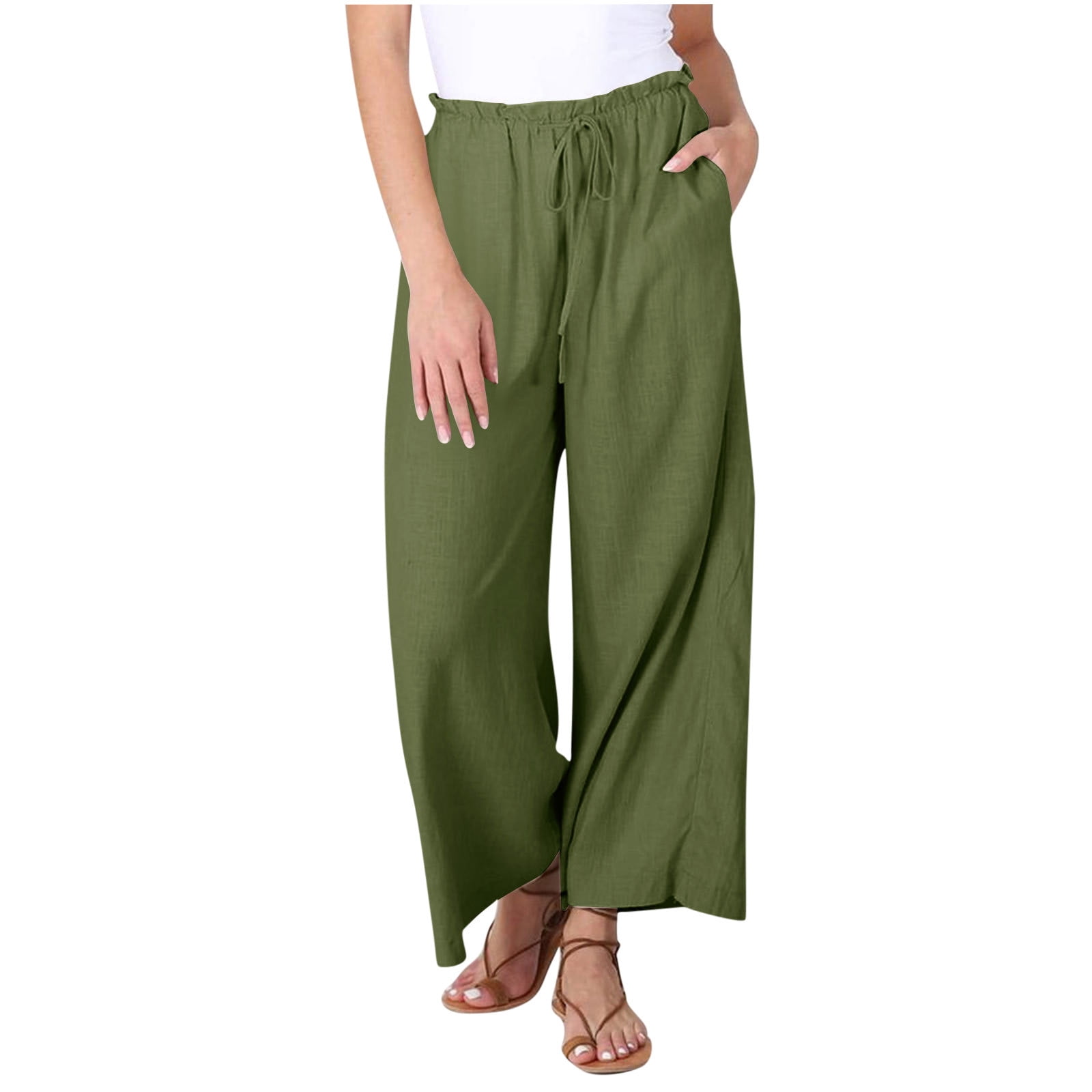 Blvb Cotton Linen Pants For Women Elastic High Waisted Wide Leg Pants