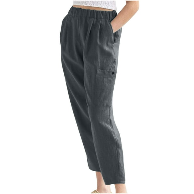 Blvb Cotton Linen Pants For Women Elastic Waist Solid Color Straight