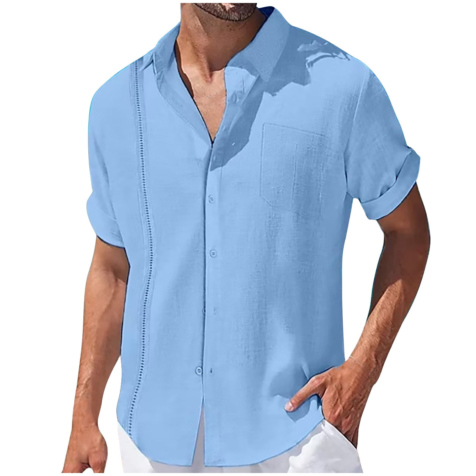 BLVB Cotton Linen Tops for Men Lapel Button down Short Sleeve Shirts ...