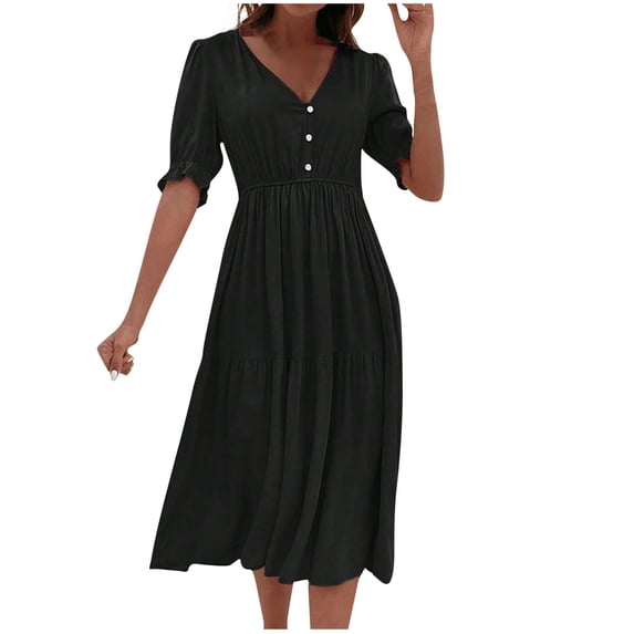 BLVB Dresses for Women V Neck Button Short Sleeve High Waist A-Line ...