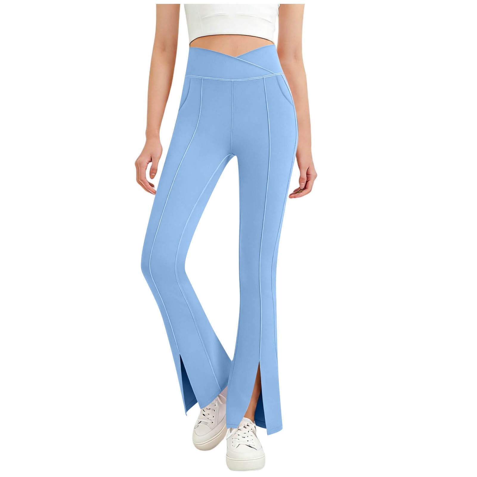 BLVB Girls' Flare Leggings with Front Split V Cross High Waist Yoga ...