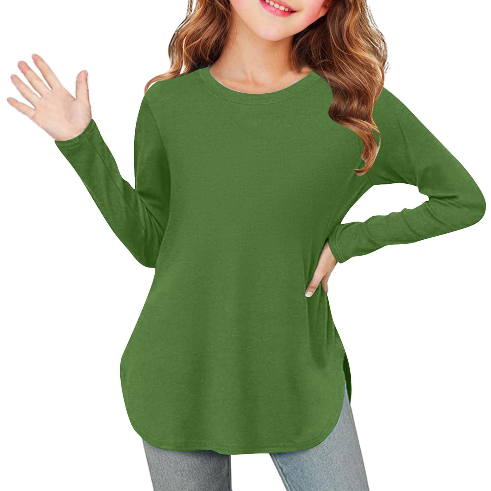 BLVB Girls Long Sleeve Shirts Kids Curve Hem Side Slit Soft Tunic Tops ...