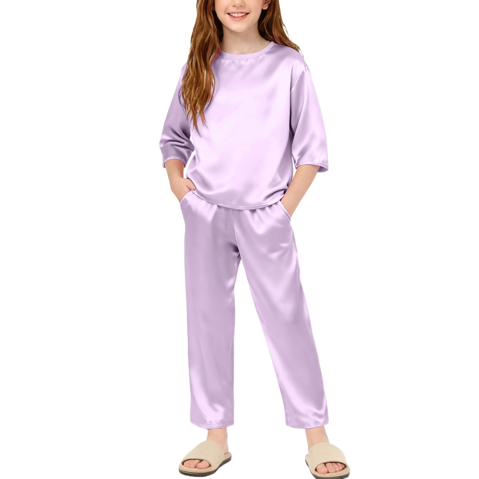 BLVB Girls Satin Pajama Set Kids Silk 3/4 Sleeve Loungewear Sleepwear ...