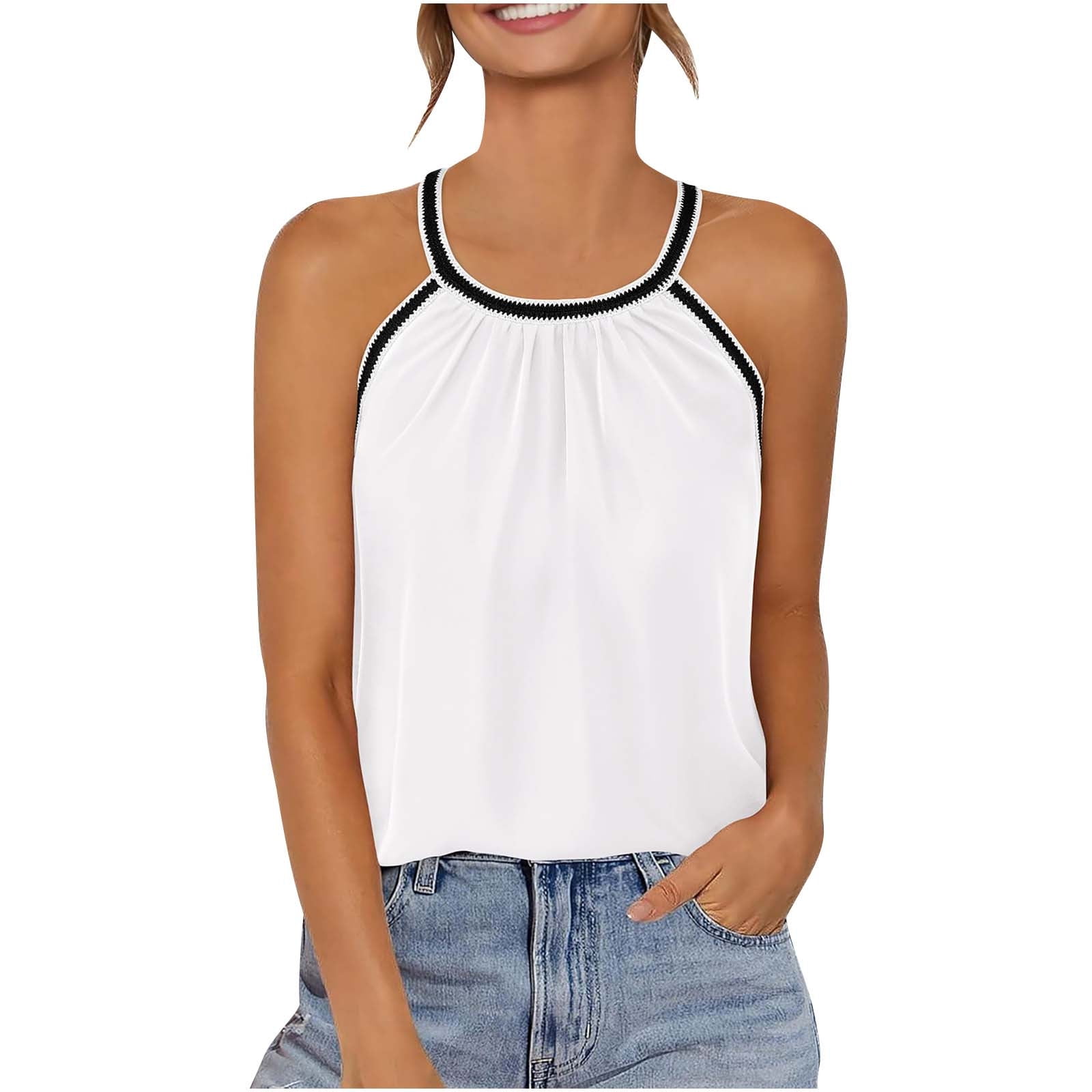 BLVB Halter Tops for Women 2025 Summer Pleated Tank Top Boho Cute ...