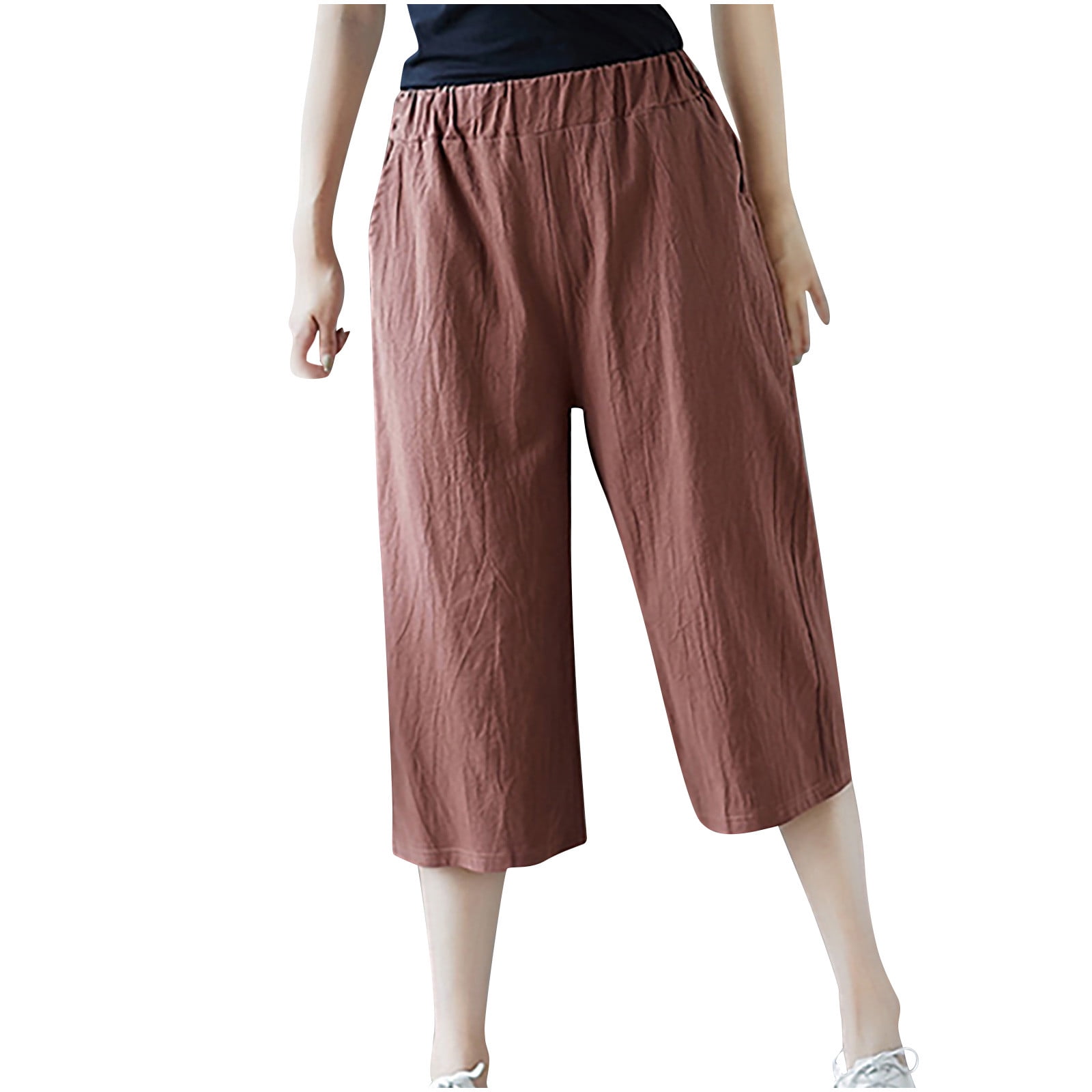 BLVB Linen Capri Pants for Women Summer Casual Lightweight Cotton Blend Wide Leg Pants Loose ...