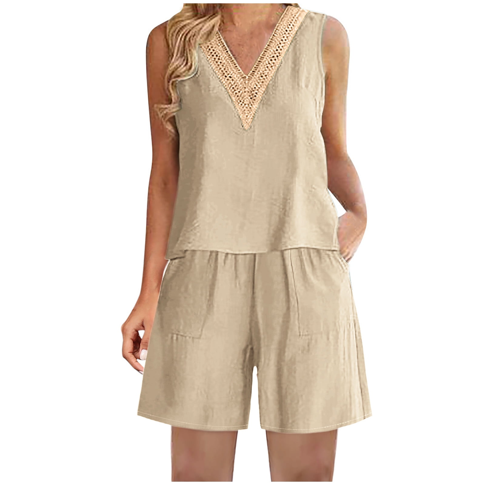 BLVB Linen Shorts Sets Women 2 Piece Outfits Lace Trim V Neck Tank Top ...