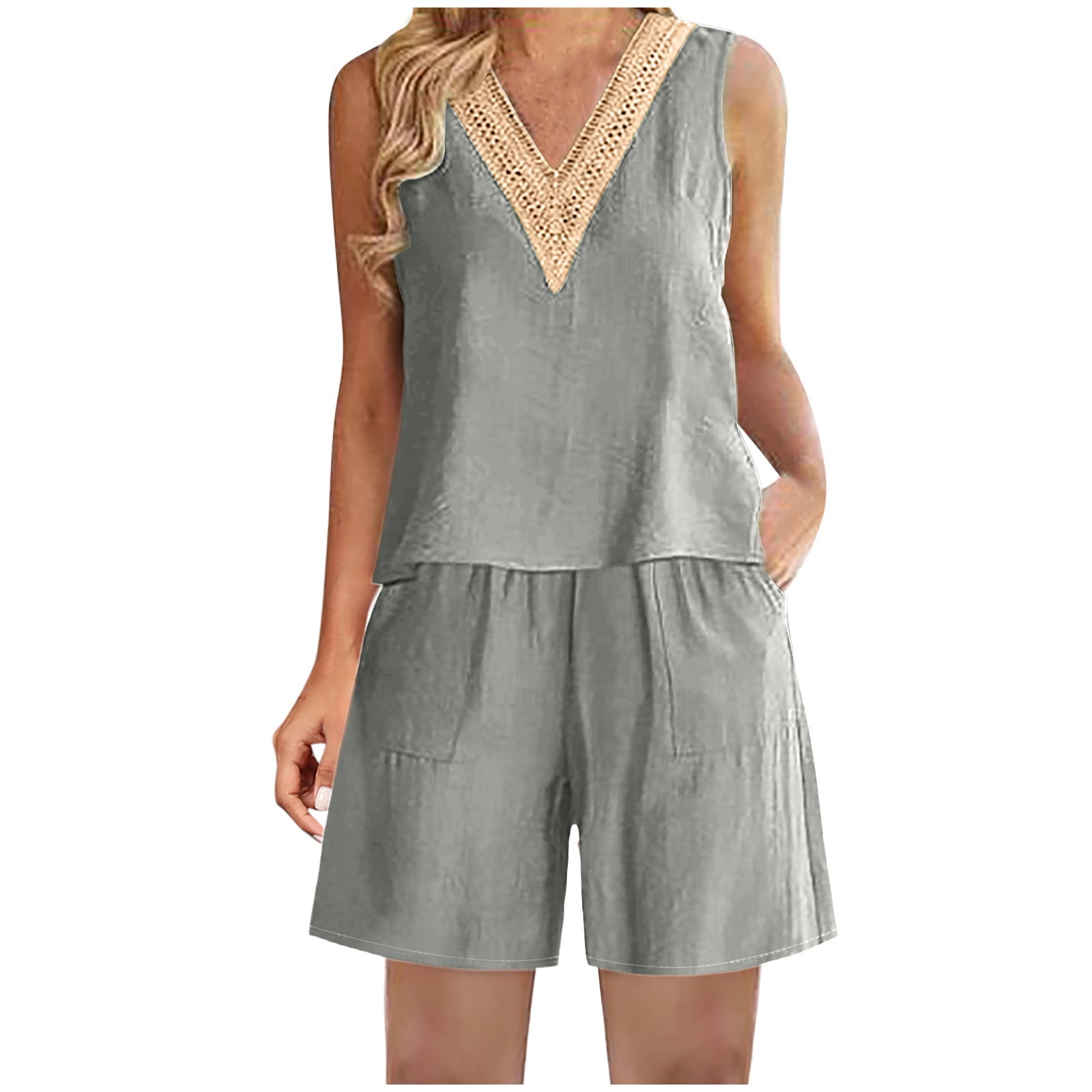BLVB Linen Shorts Sets Women 2 Piece Outfits Lace Trim V Neck Tank Top ...