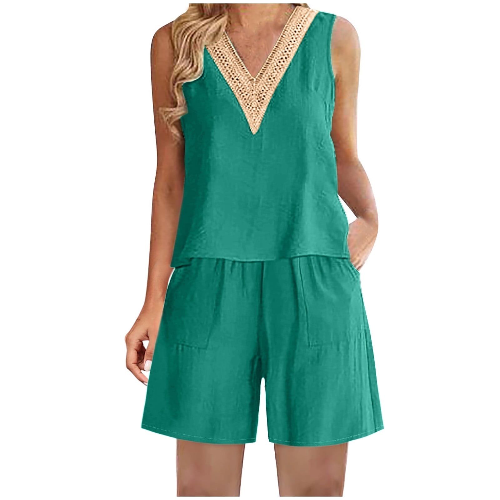 BLVB Linen Shorts Sets Women 2 Piece Outfits Lace Trim V Neck Tank Top ...