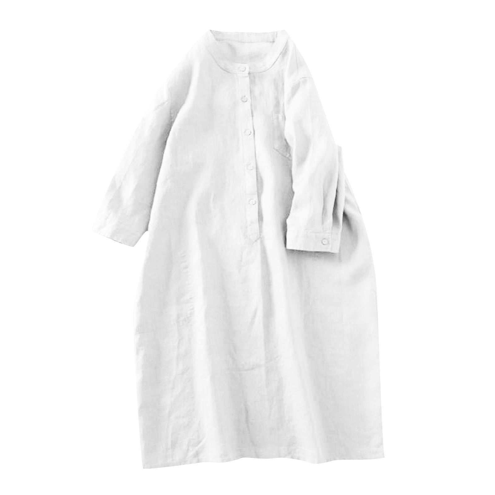 Blvb Long Sleeve Dress For Women Plain Cotton Linen Midi Dress Button Crewneck Loose T Shirts