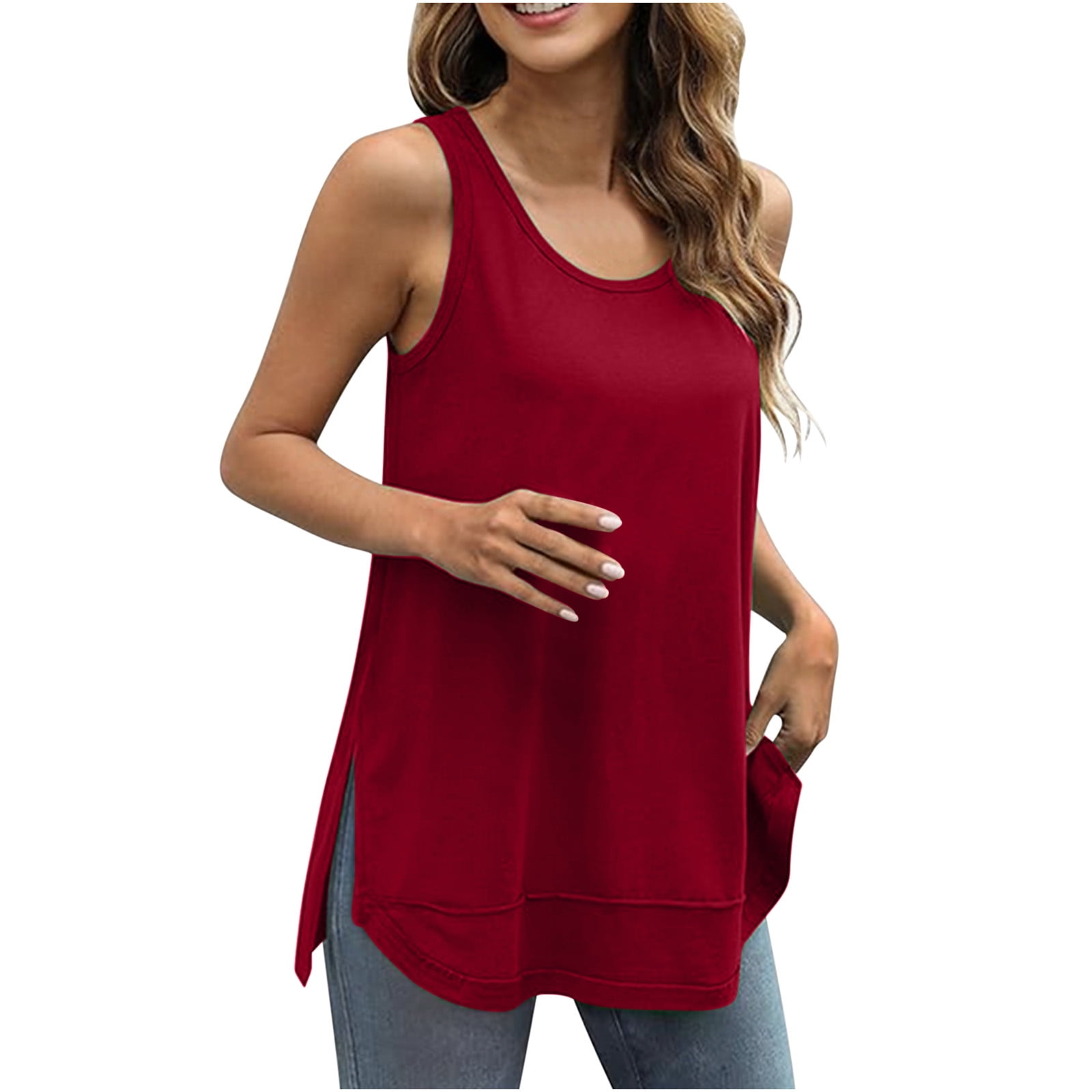 BLVB Loose Tank Tops for Women Scoop Neck Summer Casual Side Split ...