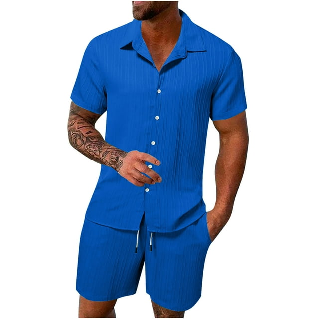 Blvb Mens Cotton Linen 2 Piece Outfits Casual Short Sleeve Button Down