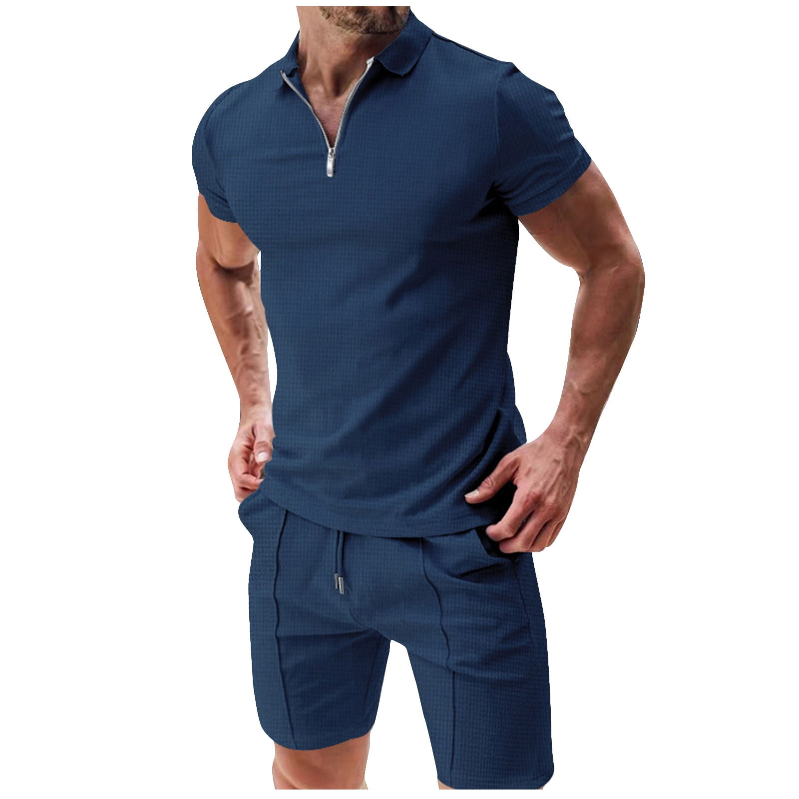 BLVB Mens Summer Tracksuit 2 Piece Outfits Quarter Zip Lapel Short ...