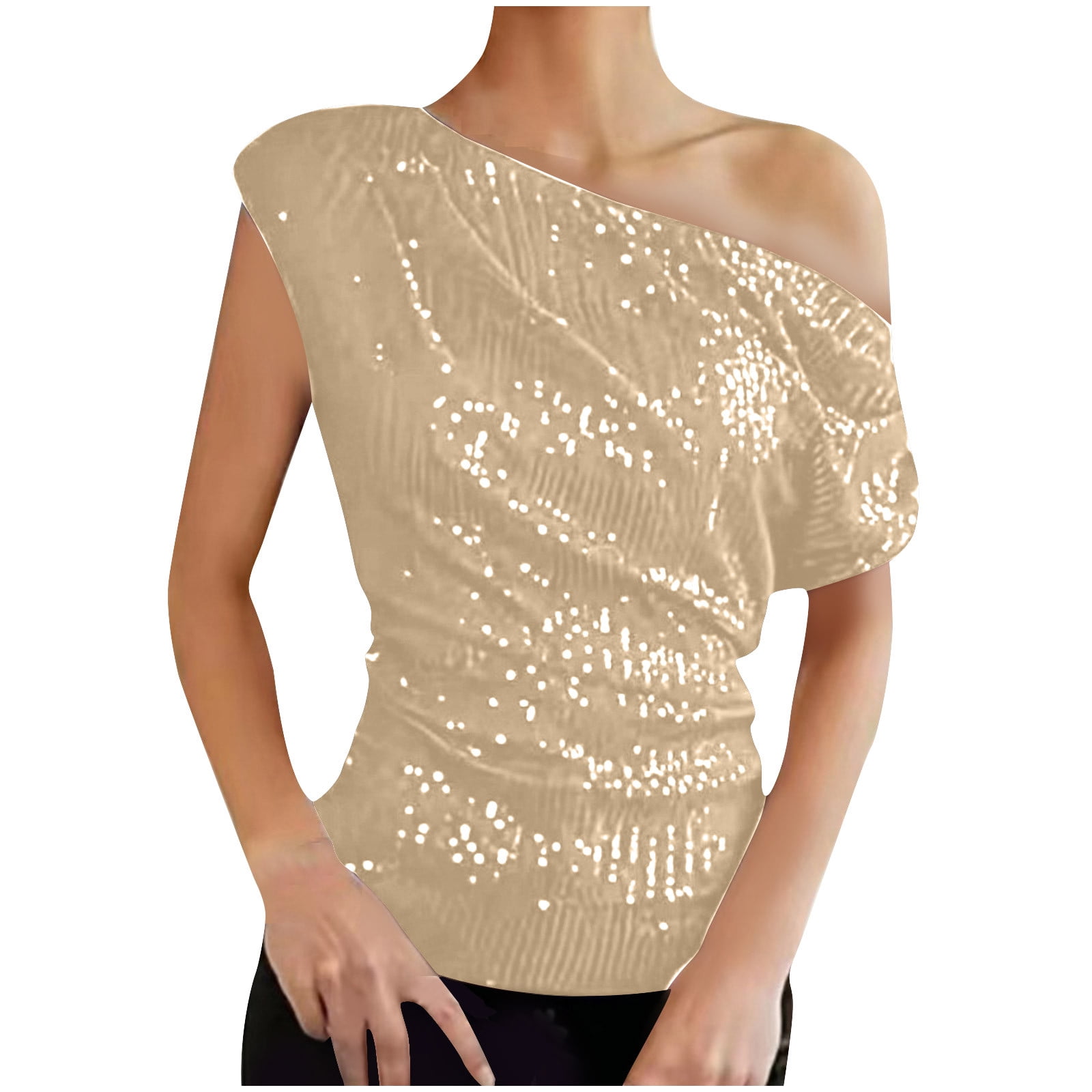 BLVB One-Shoulder Sequin Sparkly Tops for Women Ruched Asymmetrical ...