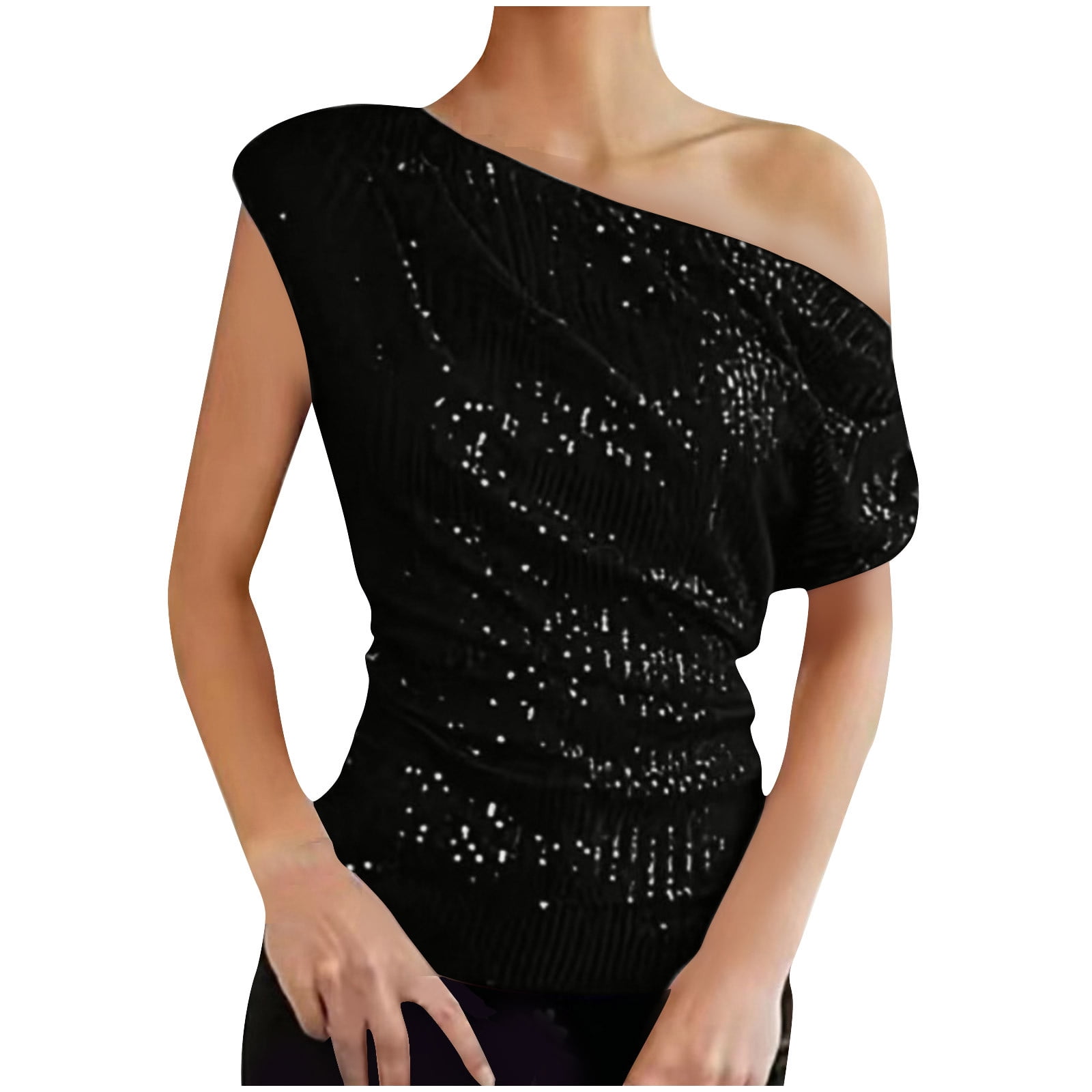 BLVB One-Shoulder Sequin Sparkly Tops for Women Ruched Asymmetrical ...