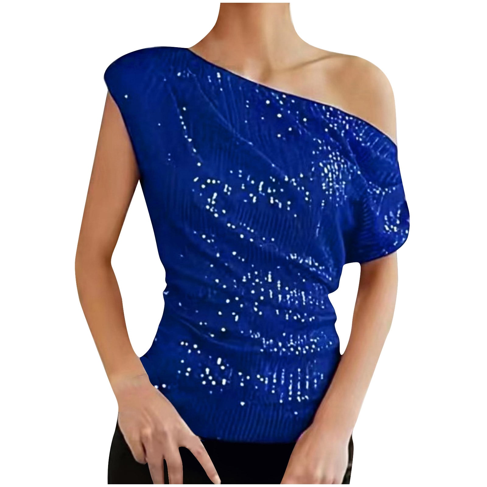 BLVB One-Shoulder Sequin Sparkly Tops for Women Ruched Asymmetrical ...